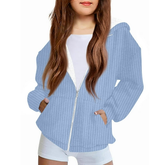 Girl's Hooded Cardigan, Solid Color Lightweight Knit with Front Pockets ...