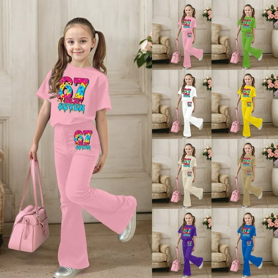 Girl's Ice Cream Drips 2 Piece Outfits Graphic Tees Flare Pants Set ...
