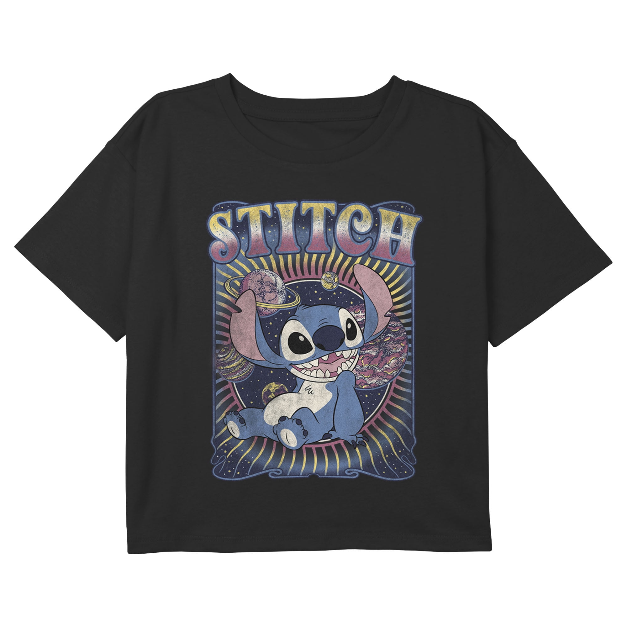 Girl's Lilo & Stitch Distressed Groovy Planets Stitch Graphic Cropped T ...