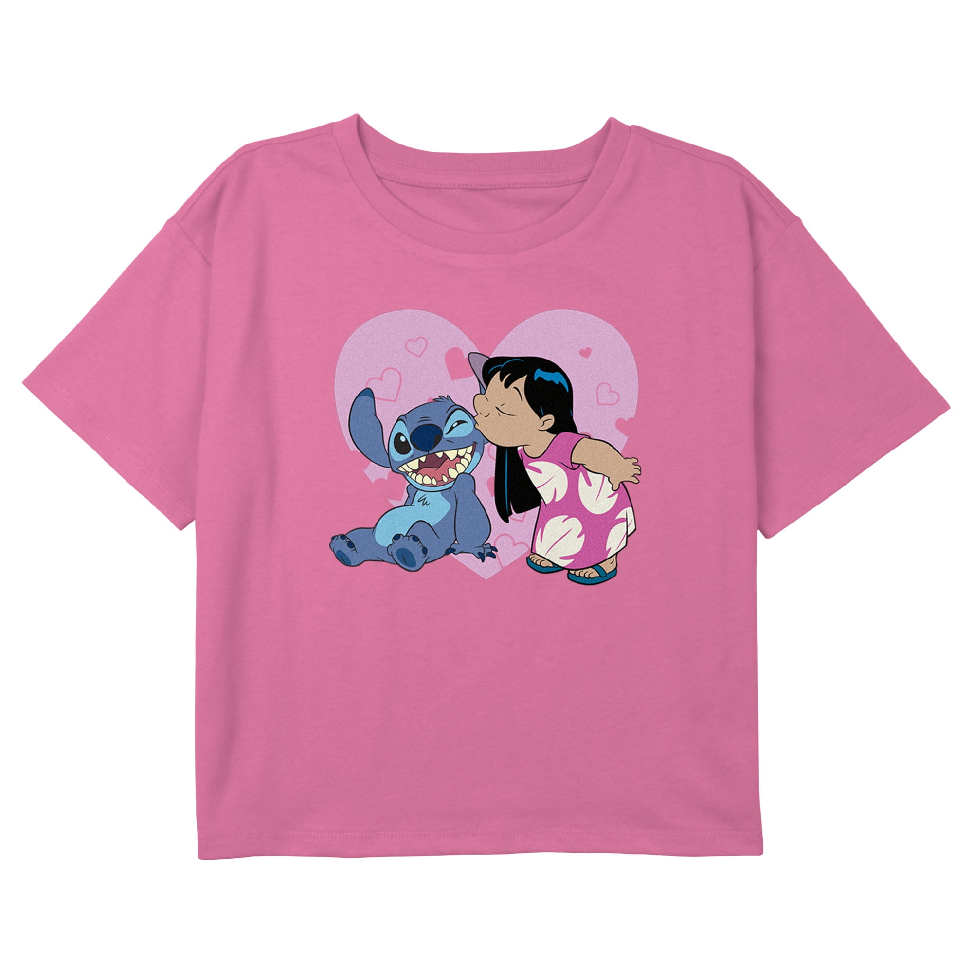 Girl's Lilo & Stitch Valentine's Day Heart and Kisses Crop Graphic T ...