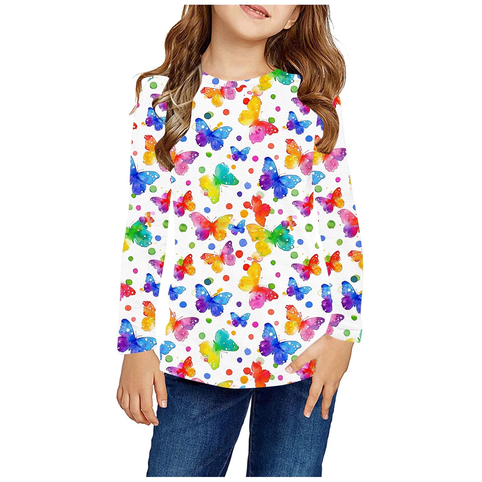 Girl's Long Sleeve Tops Casual Cute Crew Neck Butterfly Print Basic T ...