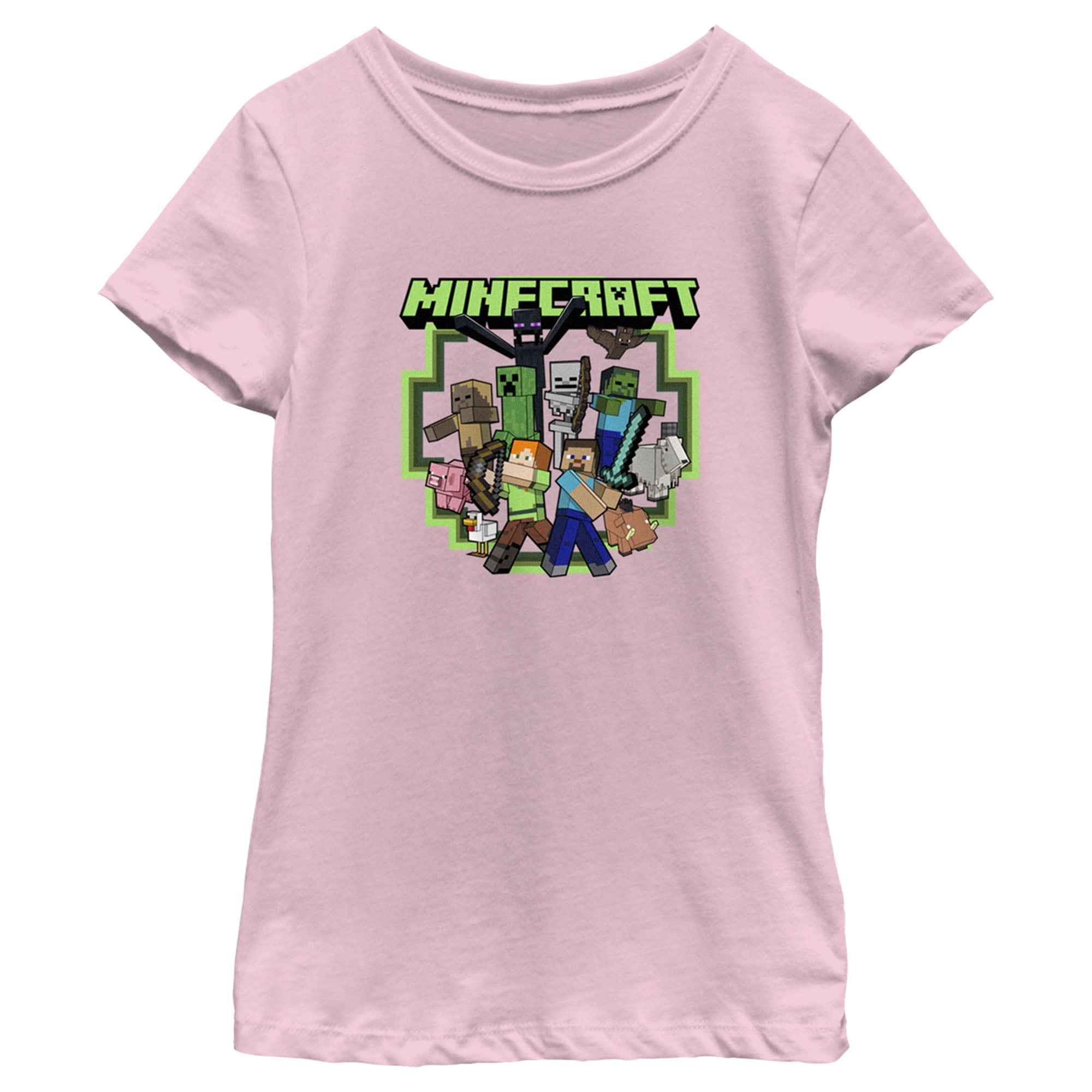 Girl's Minecraft Steve and Alex Group Shot Graphic Tee Light Pink X ...