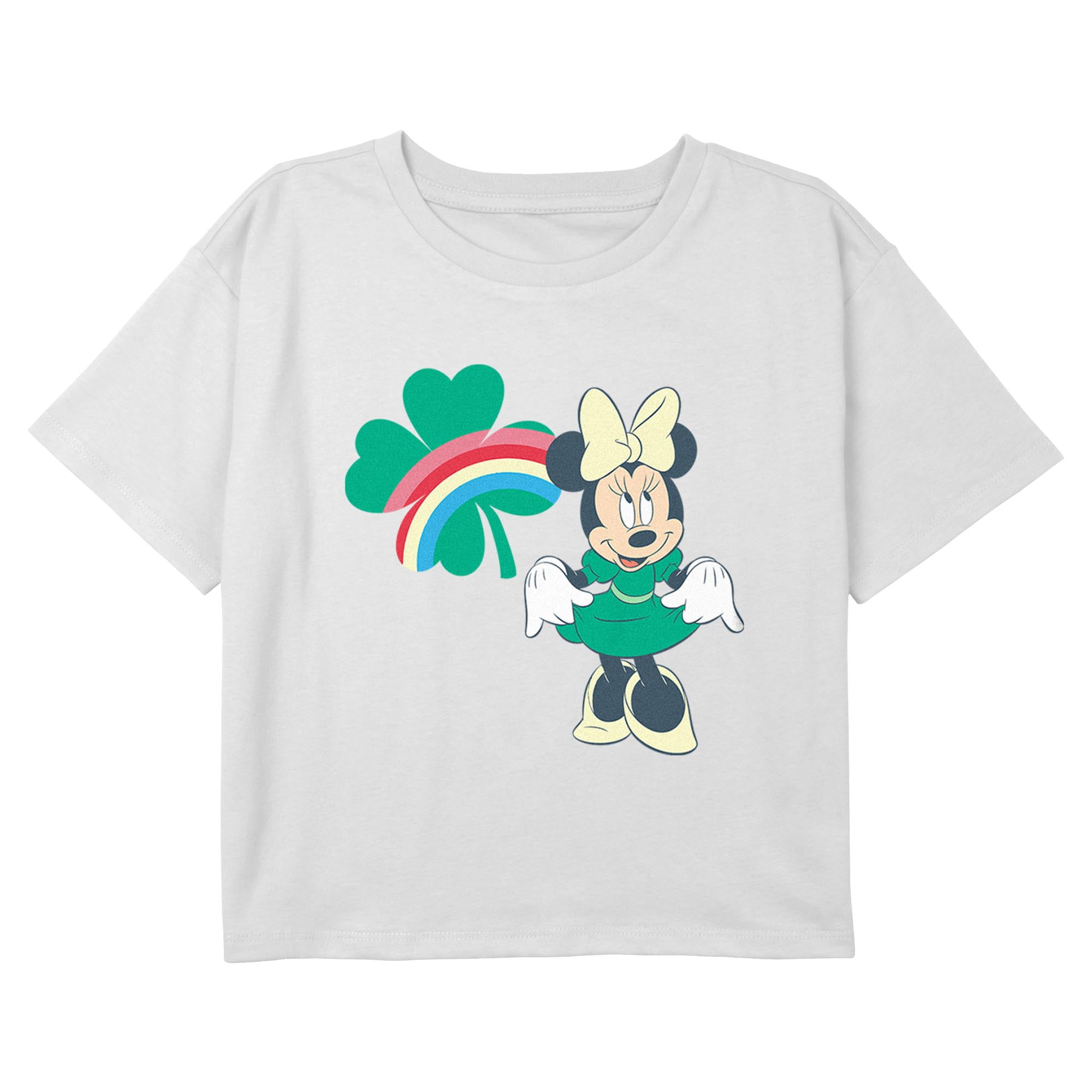 Girl's Minnie Mouse Clover Rainbow Happy Pose Graphic Cropped T-Shirt ...