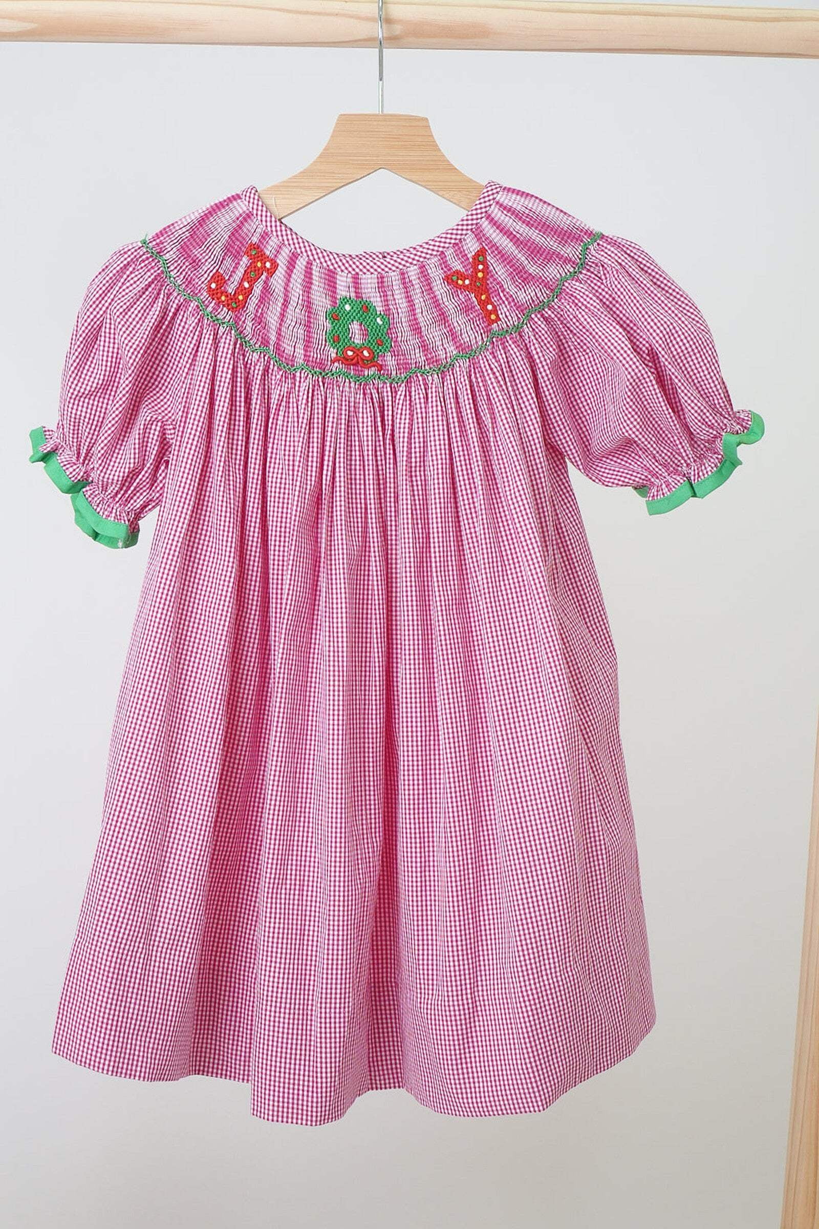 Girl's Pink Christmas Joy Hand Smocked Gingham Dress | 100% Cotton | Abby & Evie - Walmart.com