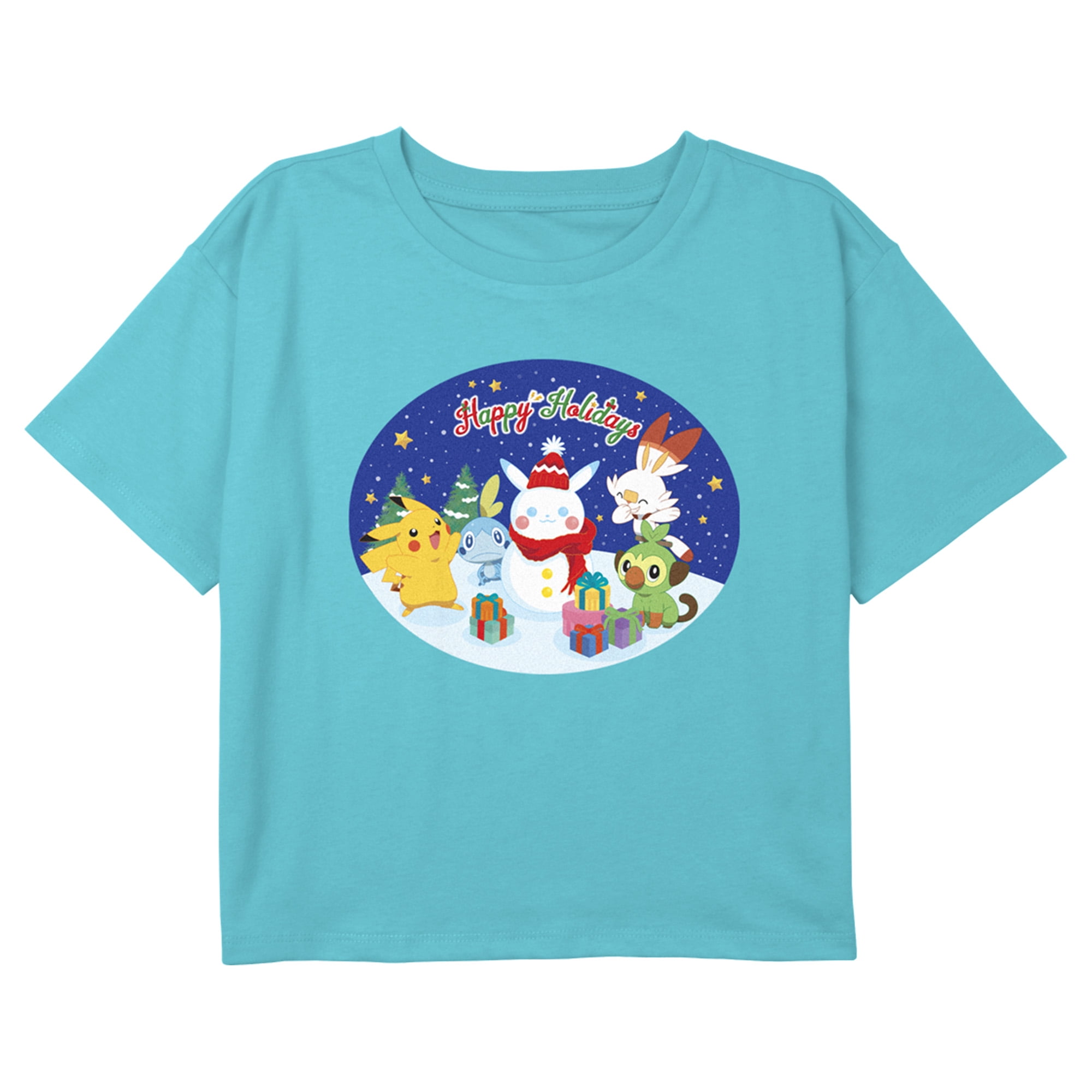 Girl's Pokemon Happy Holidays Snowman Pikachu Graphic Cropped T-Shirt ...