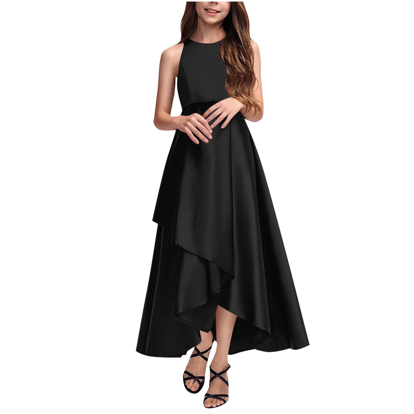 Girl's Satin Gowns, Long Flowy Dresses Asymmetrical Ruffles Hem ...