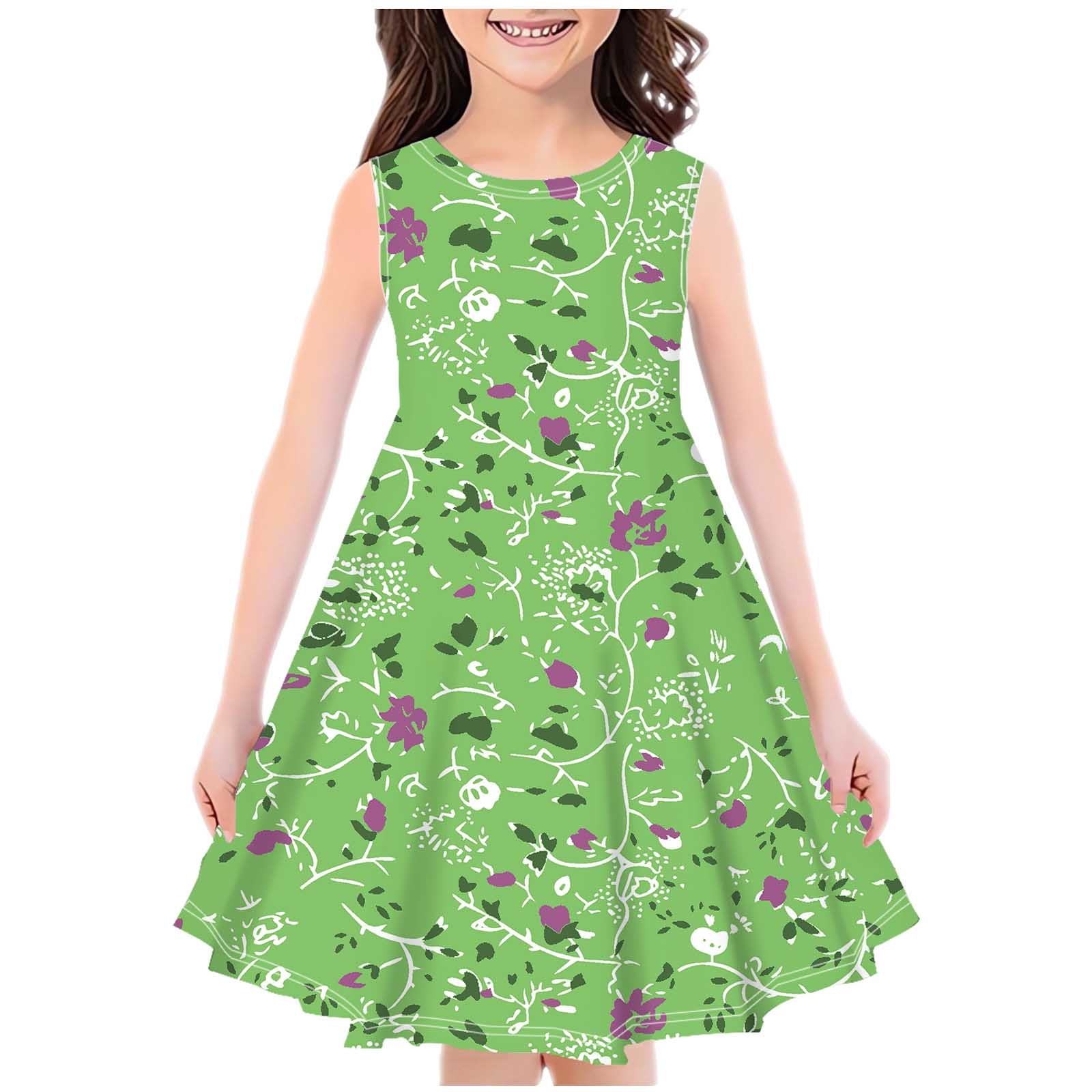 Girl's Summer Dress 4T 7-8Y Floral Sleeveless A-Line Swing Midi ...