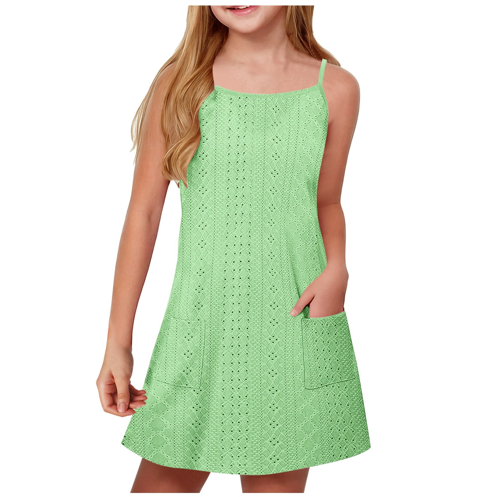 Girl's Summer Sundress Spaghetti Strap Solid Midi Dress Casual Hollow ...