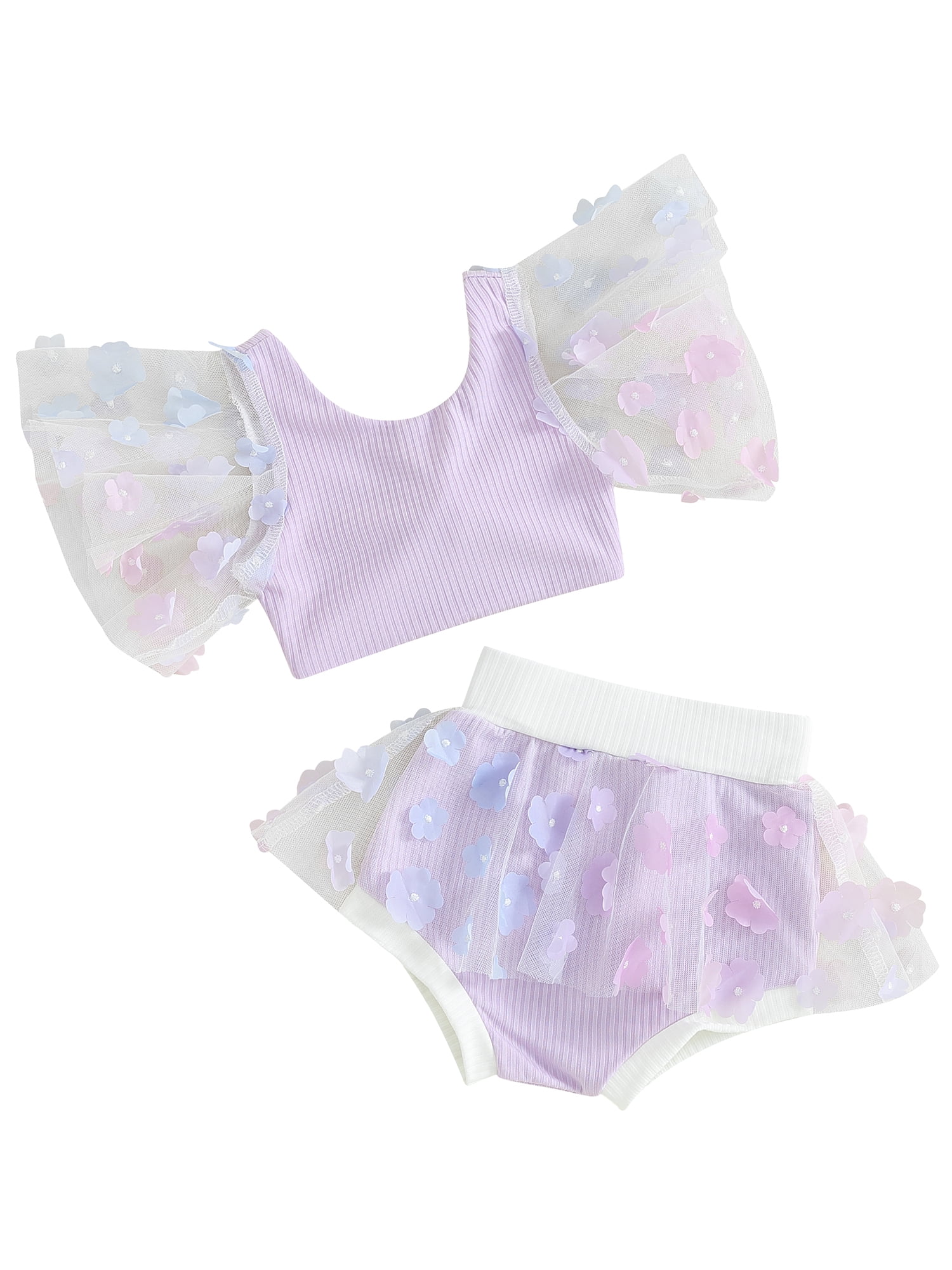 Girl's Summer Swimsuit Outfit, Mesh Flower Knotted Vest with Shorts ...