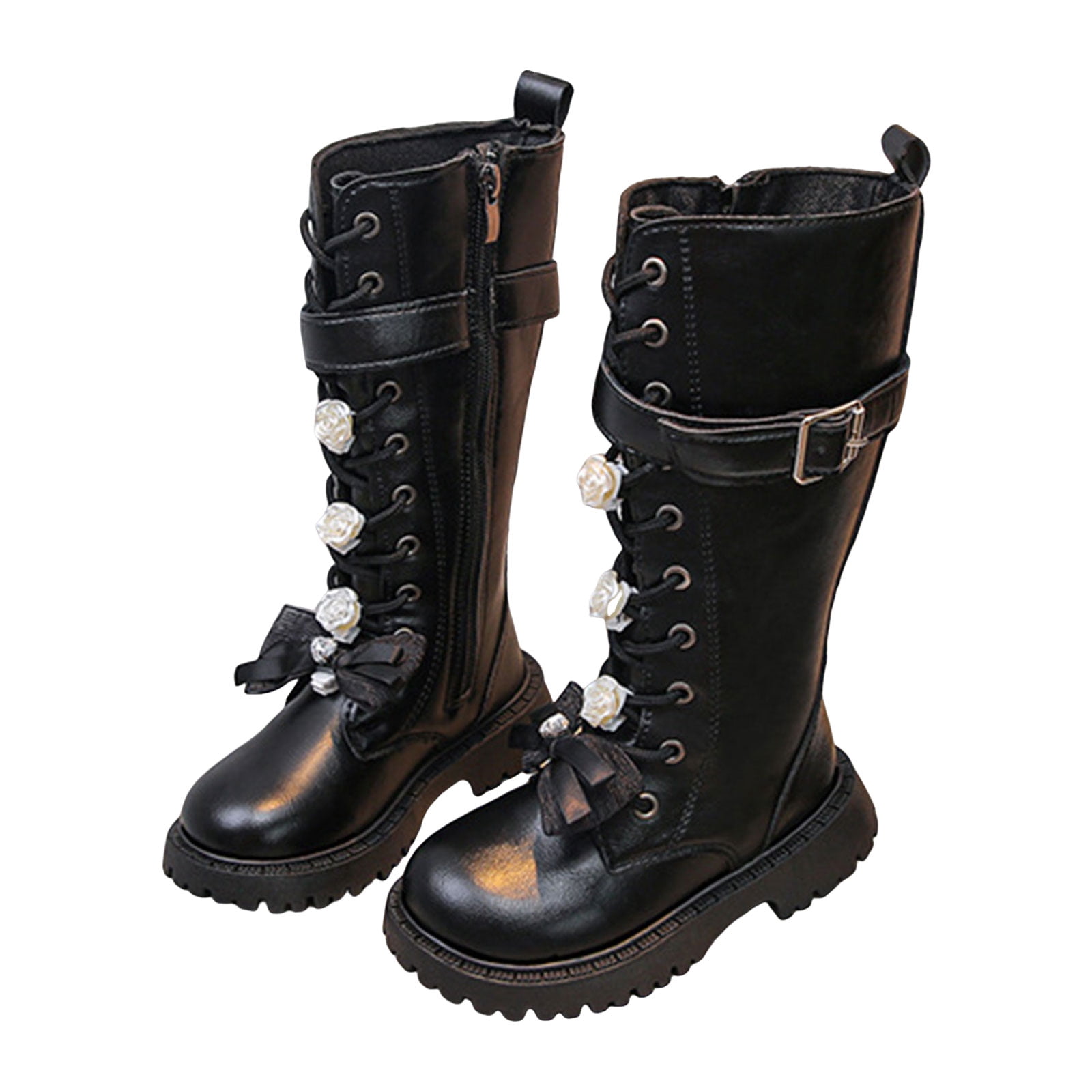 Girl's Tall Combat Boots Glitter Rhinestone Bow Knee High Dress Booties ...