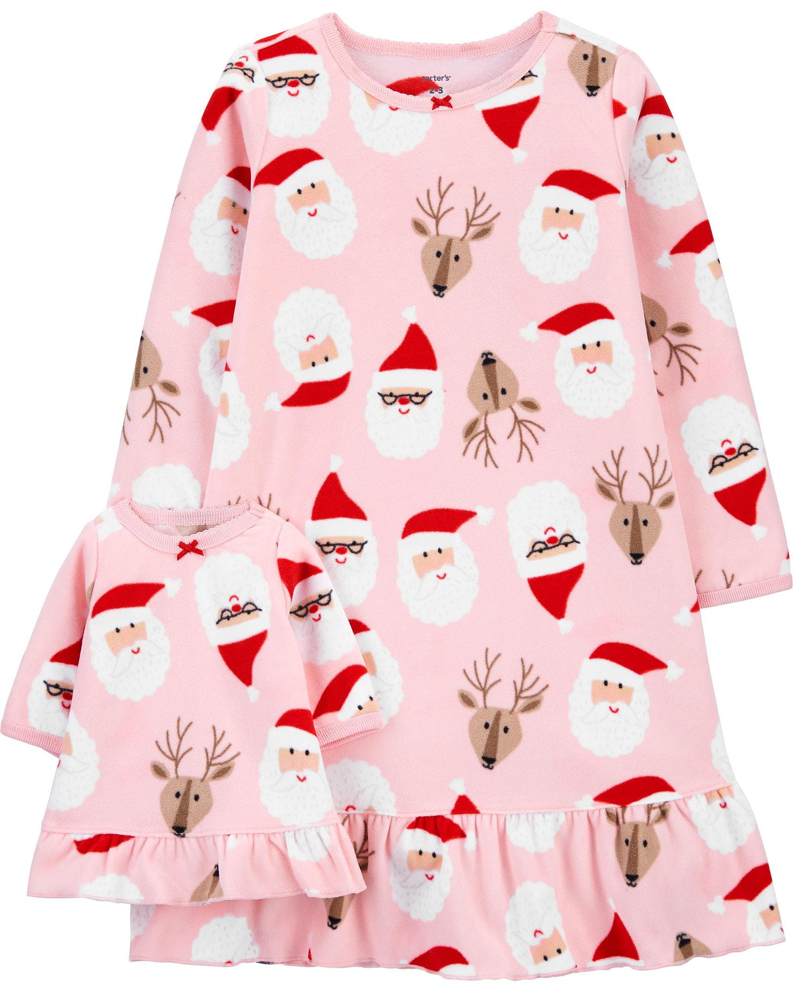 Girl's Toddler Santa and Reindeer Pink Fleece Holiday Nightgown with ...