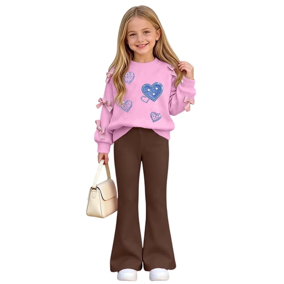 Girl's Two Piece Fall Winter Set Crew Neck Bow Long Sleeve Top Elastic ...