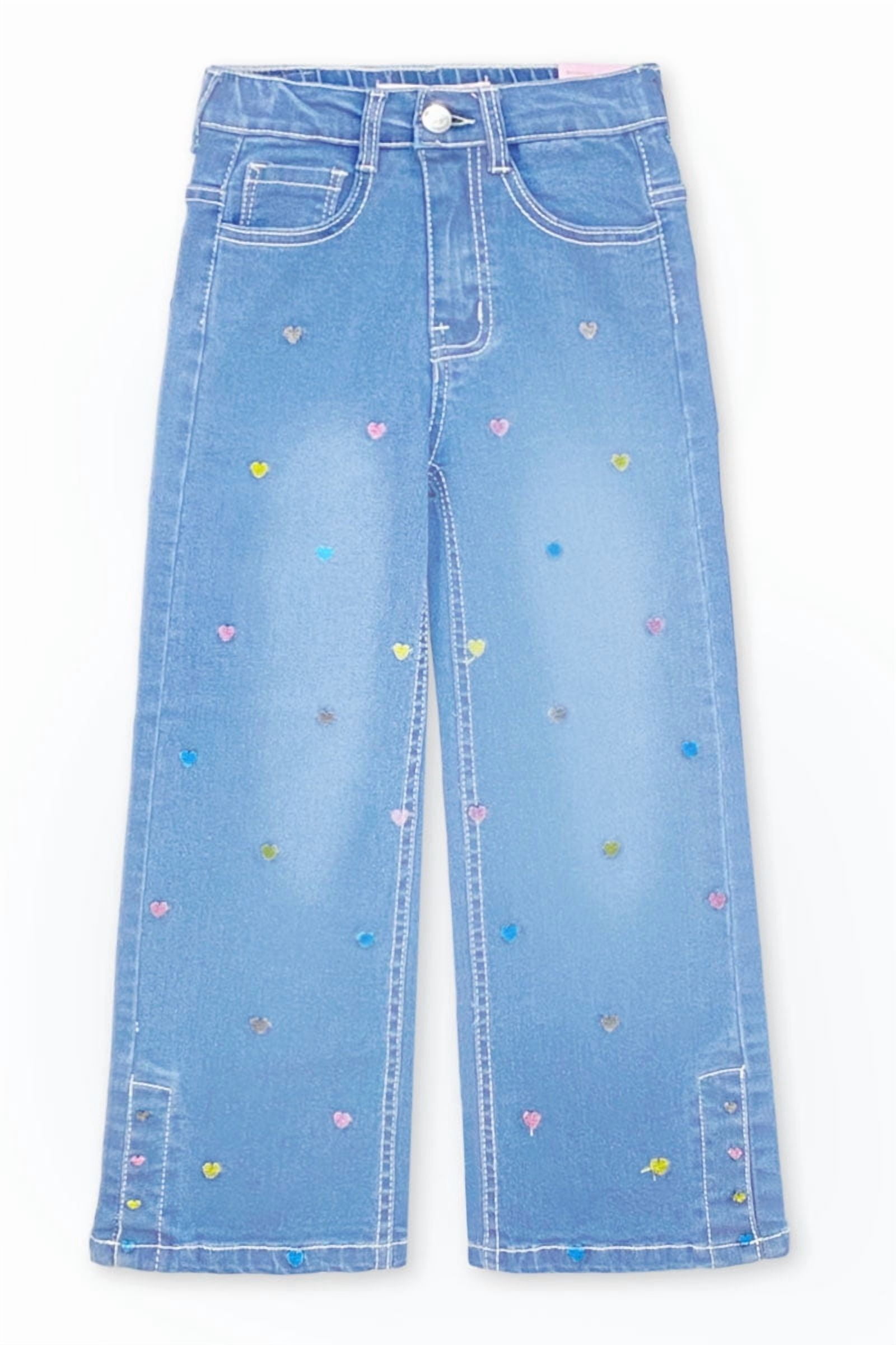 Girl's Wide Leg Multi Color Small Heart Embroidered Denim Jeans with ...