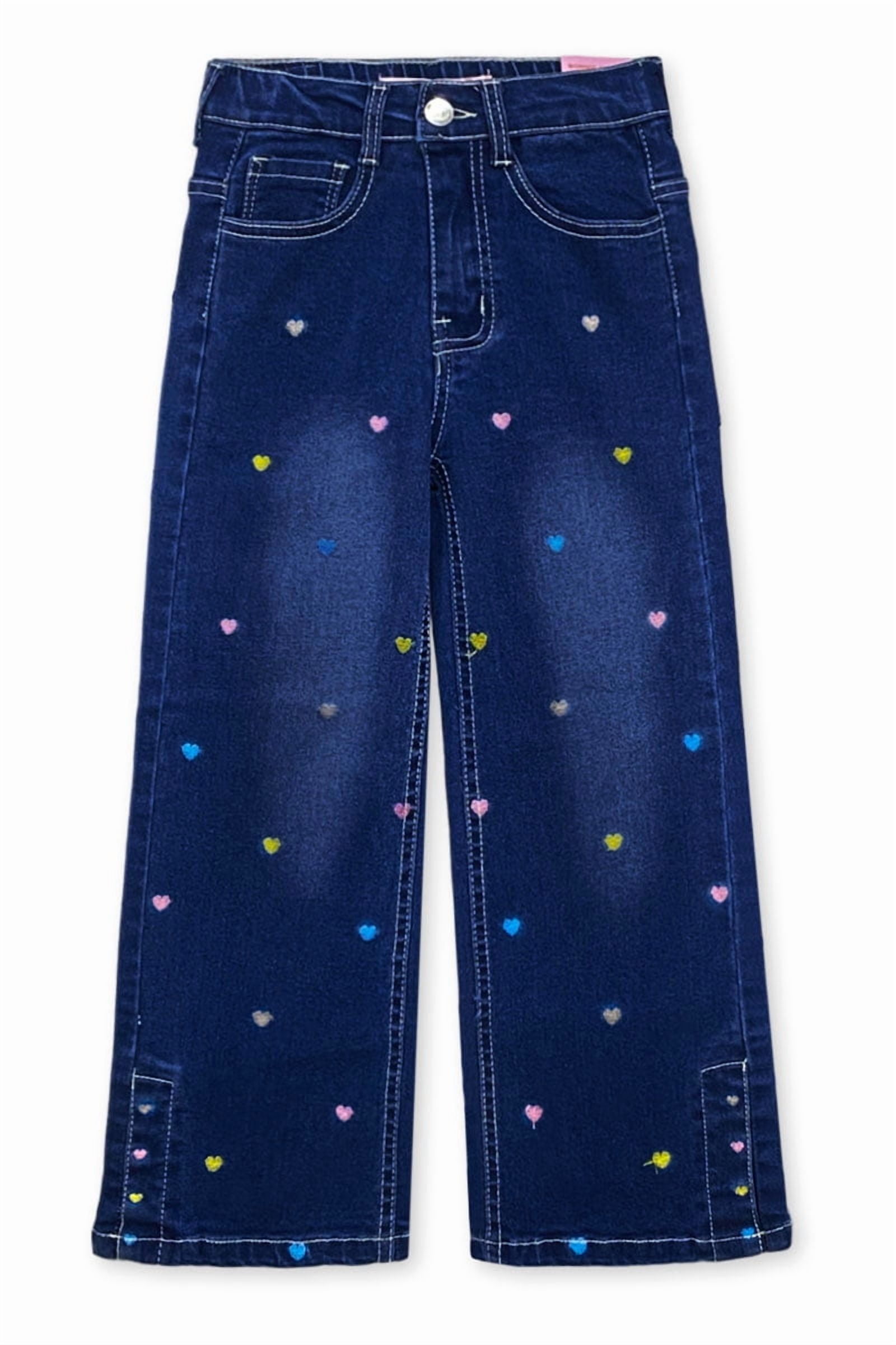Girl's Wide Leg Multi Color Small Heart Embroidered Denim Jeans with ...