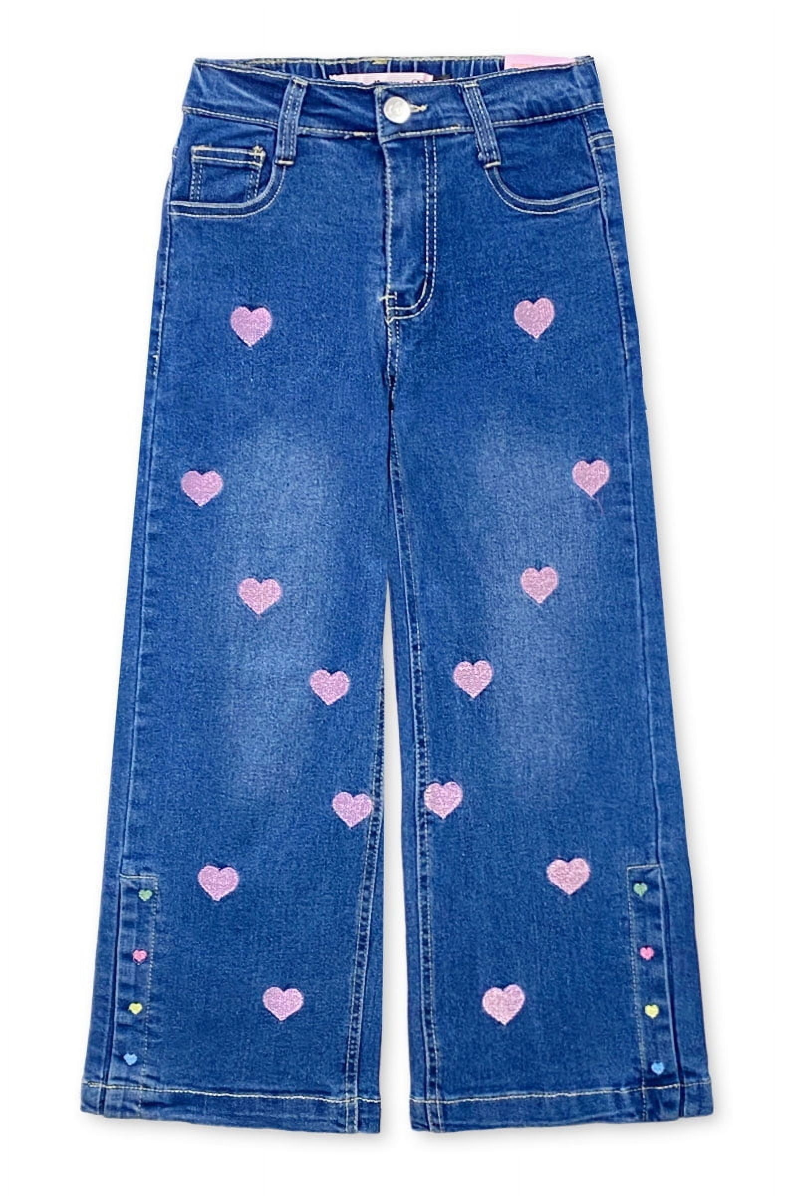 Girl's Wide Leg Pink Heart Embroidered Denim Jeans with Elastic Back ...