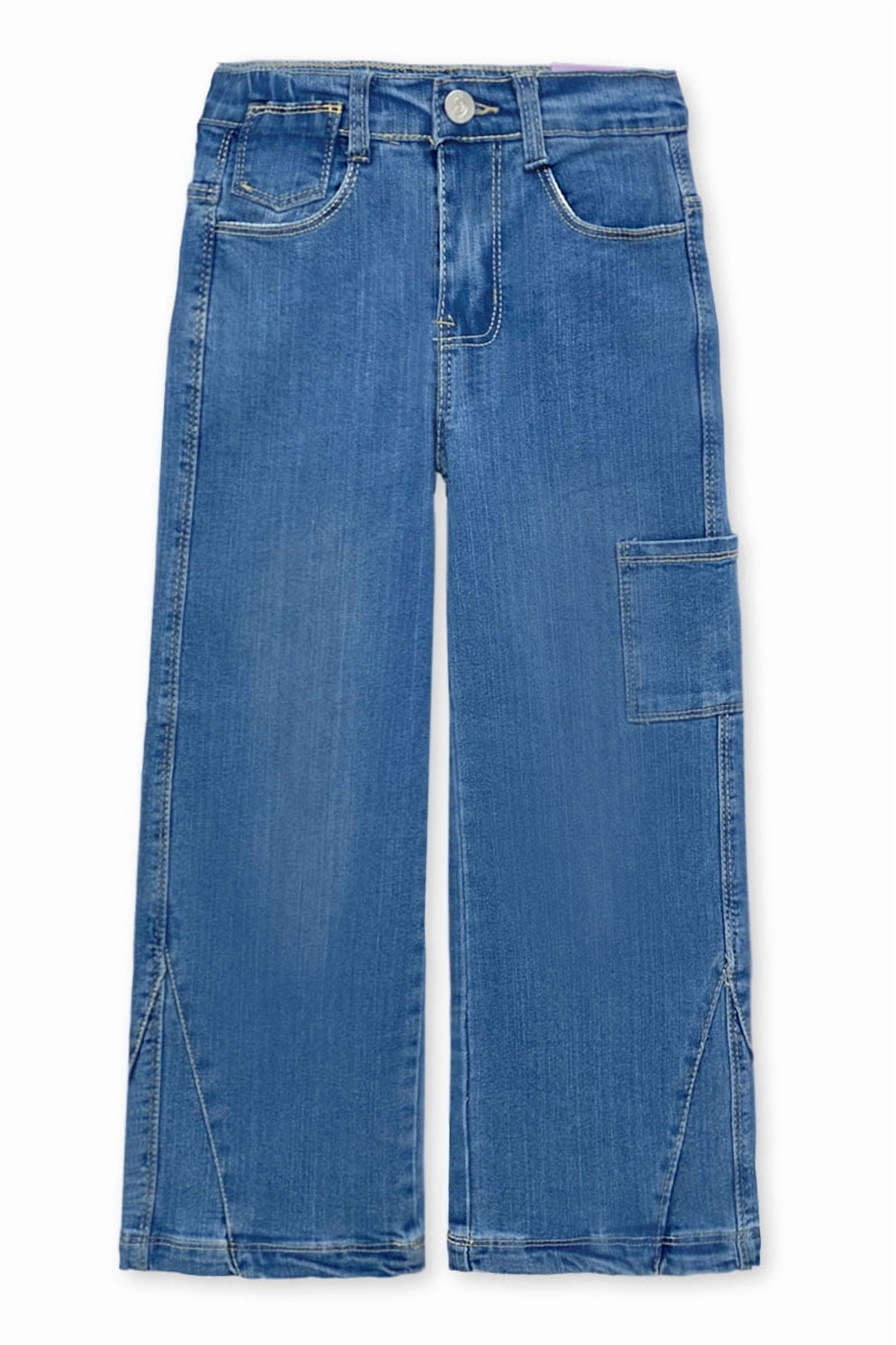 Girl's Wide Leg Side Split Bottom Panel & Side Pocket Denim Jeans with ...