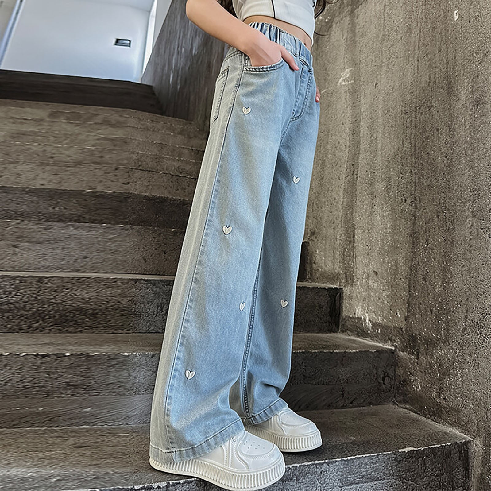 Girl's Wide Leg Smocked Elastic Pull on Jeans High Waisted Loose Casual ...