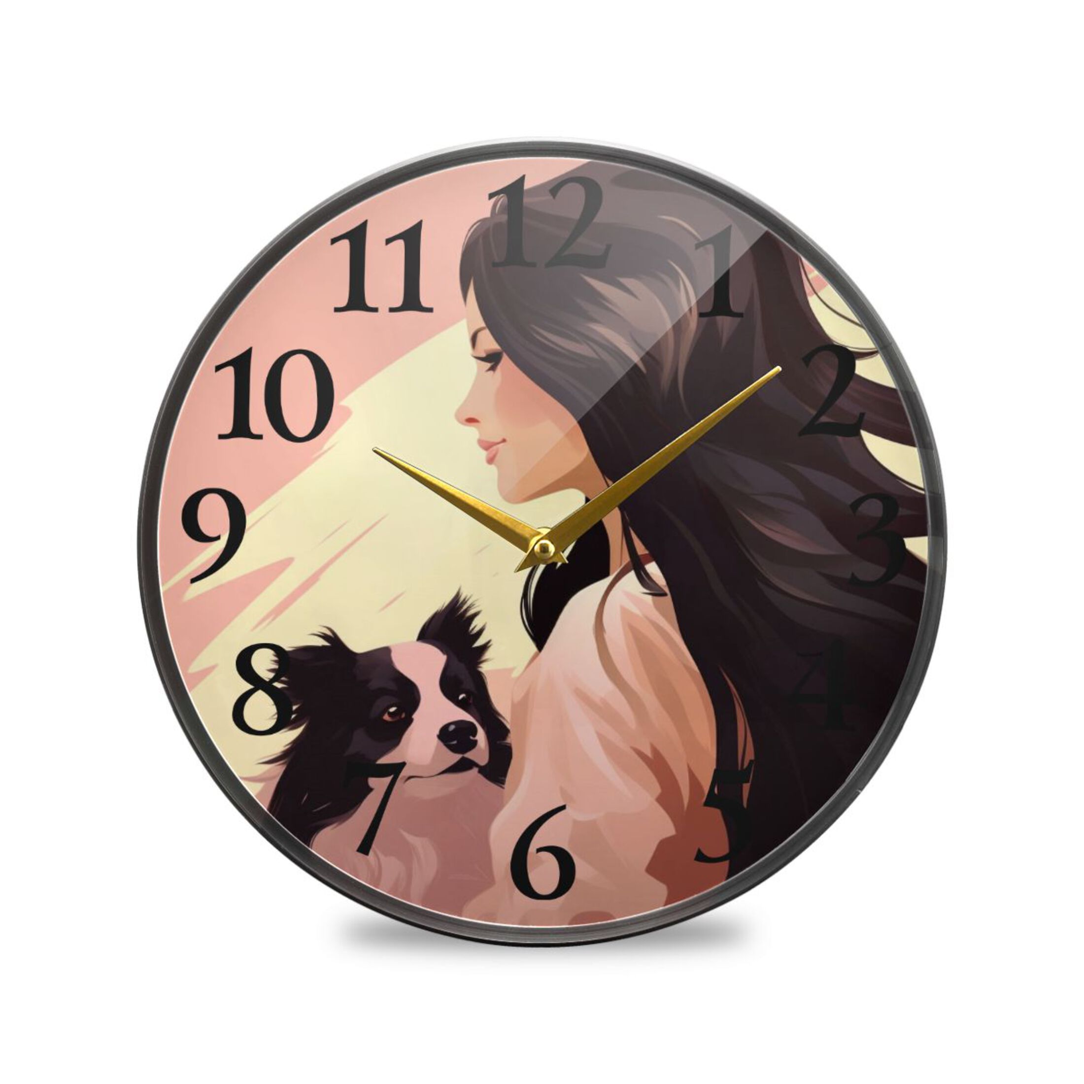 Girl with Dog Wall Clocks Battery Operated 9.5 Inch Round Clock Acrylic Silent Non-Ticking ...