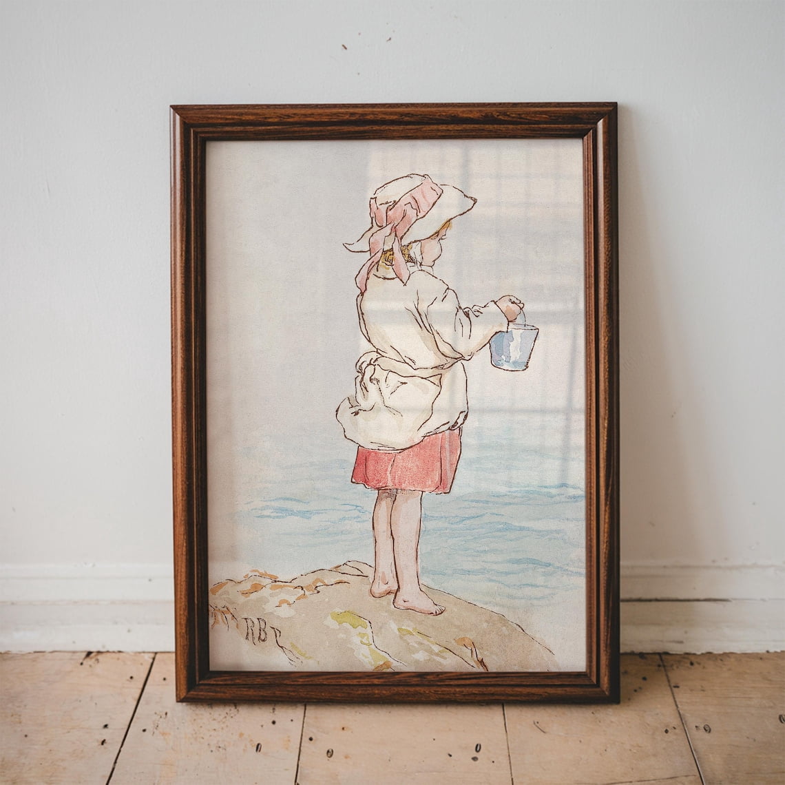 Girl with Pail Beside the Sea Vintage Coastal Summer Beach House Pastel ...