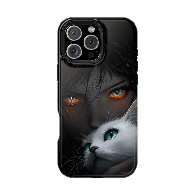 Girl with White Cat Teal Eyes Orange Glow Portrait Art Phone Case with ...