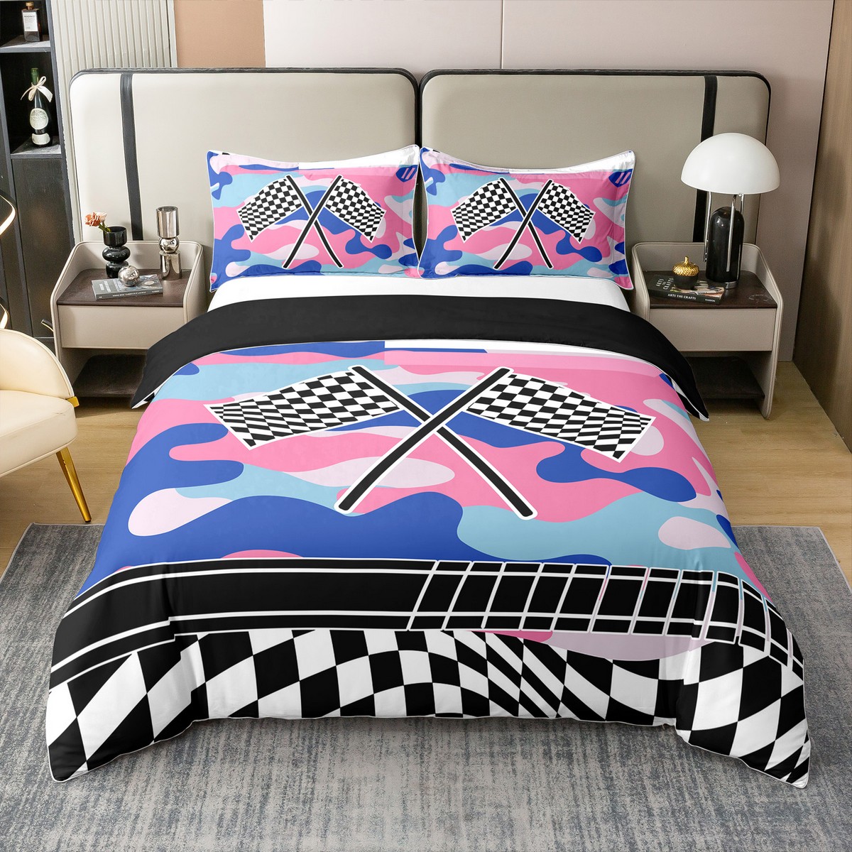 100% Cotton Duvet Cover Twin Racing Bedding Set,Racing Plaid Comforter ...
