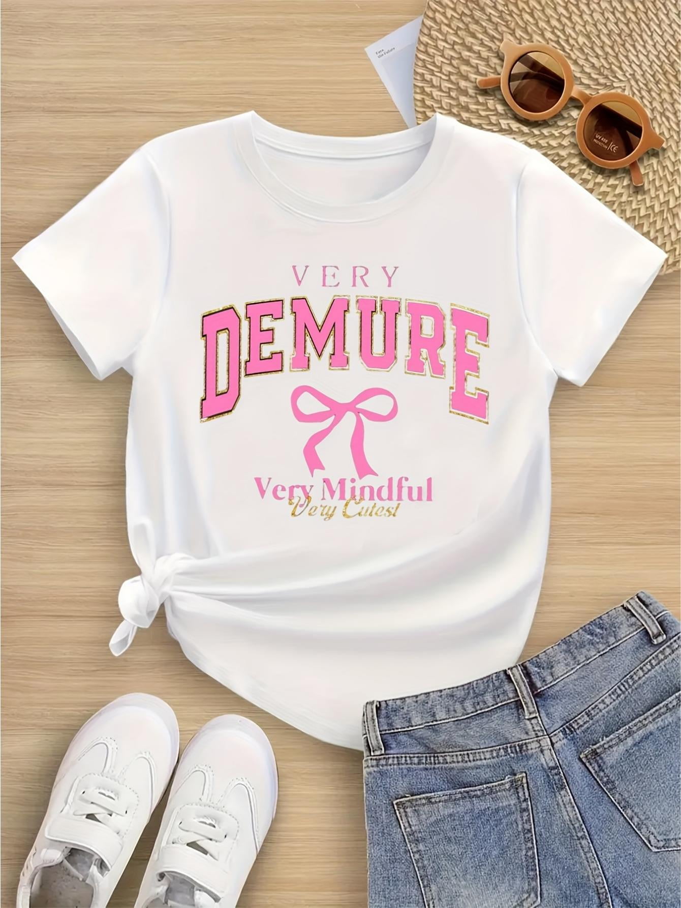 Girls' 100% Cotton T-Shirt with Pink Bow & "Very Demure Very Mindful ...