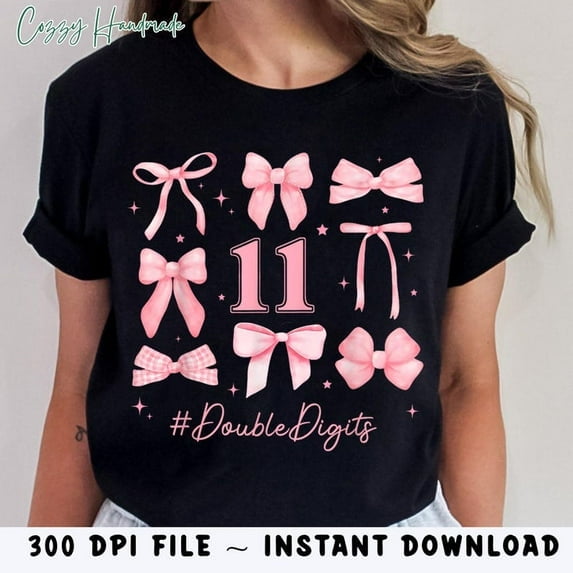 Girls 11th Birthday Shirt with Pink Bows, Double Digits Birthday T ...
