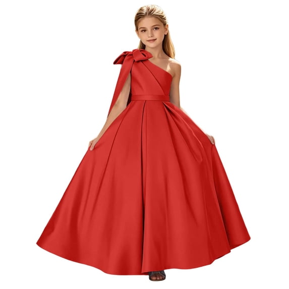 Girls 2-14 Years Satin Ball Gown Dress One Shoulder Bow Long formal ...
