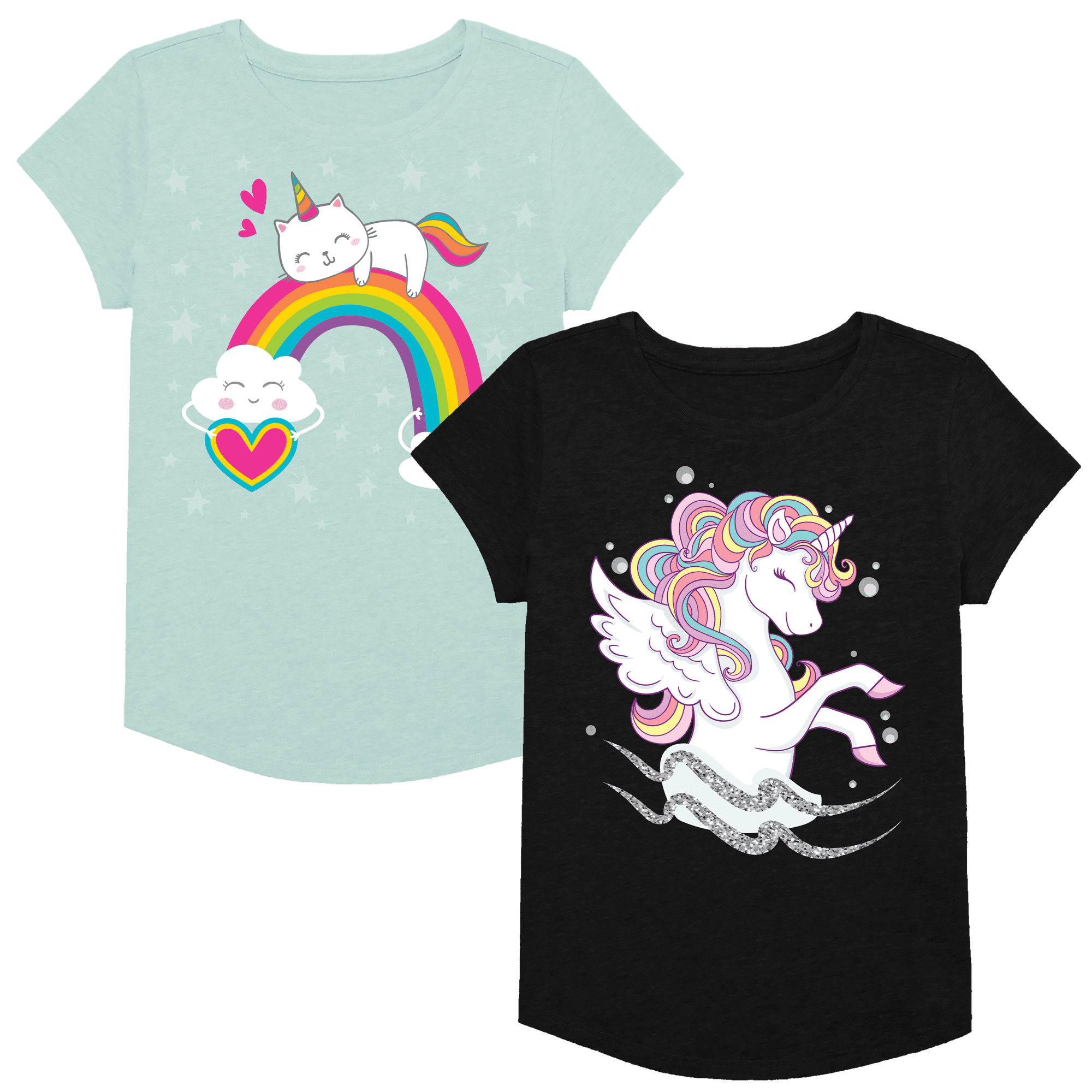Girls 2-Pack Short Sleeve Graphic Tee, Assorted Colors T-Shirt, Cotton ...