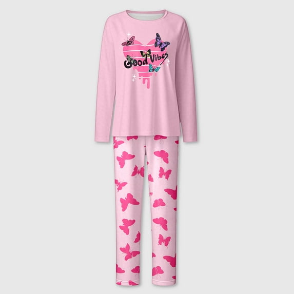 Girls 2-Piece "Good Vibes" Butterfly Print Long-Sleeve Outfit – Stylish ...