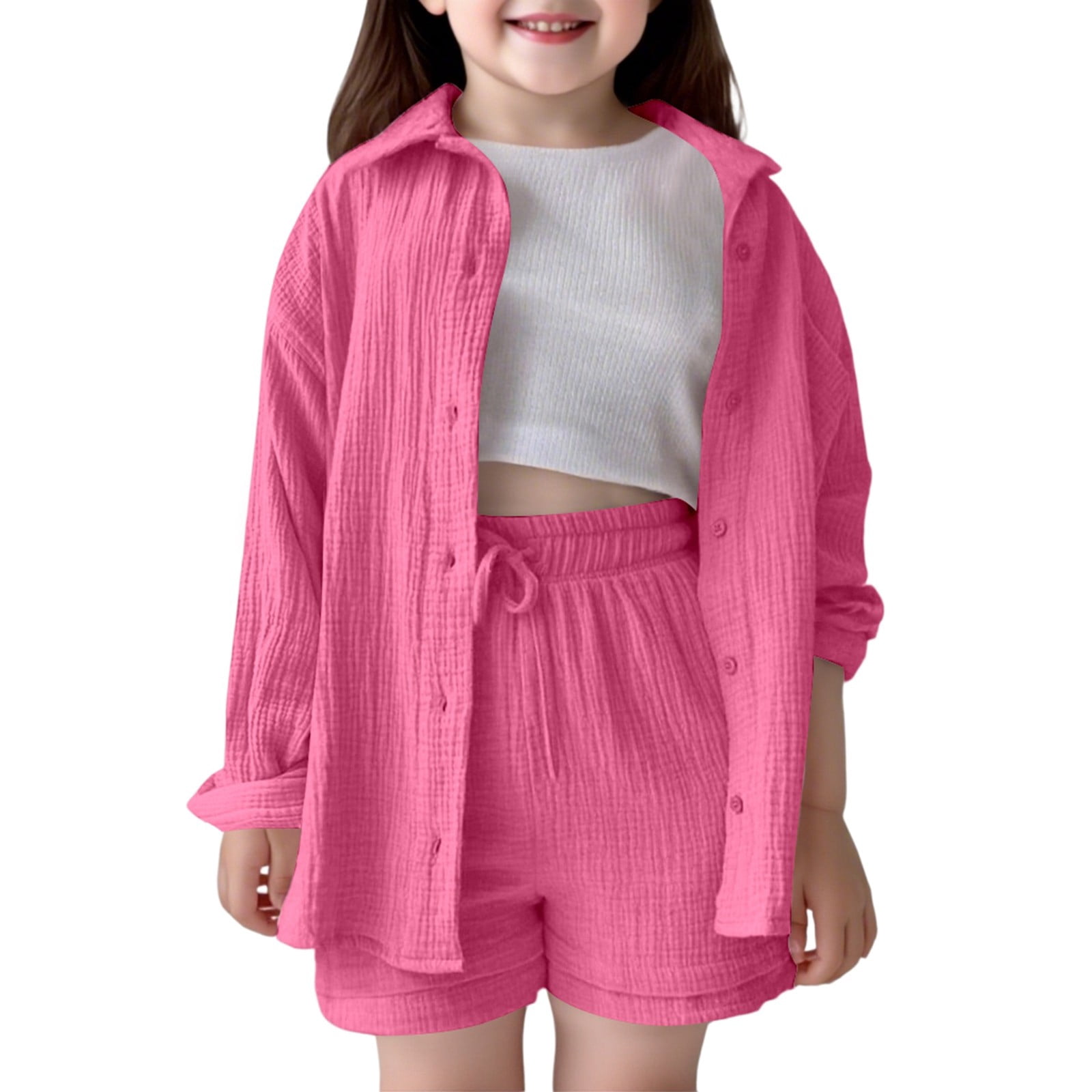 Girls 2 Piece Linen Set Kids Outfits Cotton Button Down Short Sleeve ...