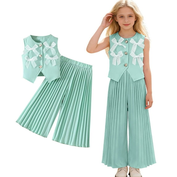 Girls 2 Piece Outfits Bow Sleeveless Vest and Wide Leg Pants Set Girls ...