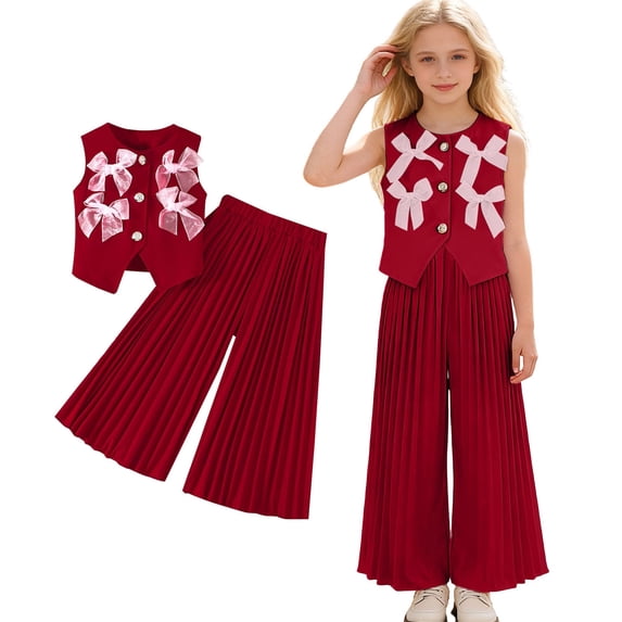 Girls 2 Piece Outfits Bow Sleeveless Vest and Wide Leg Pants Set Girls ...