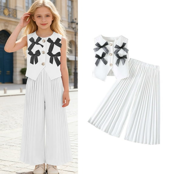 Girls 2 Piece Outfits Bow Sleeveless Vest and Wide Leg Pants Sets ...
