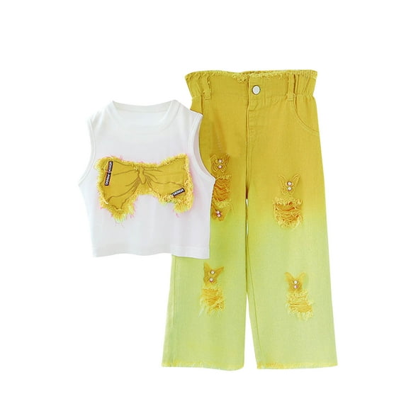 Girls 2 Piece Outfits Embroidered Crew Neck Cute Bowknot Top & Wide Leg ...