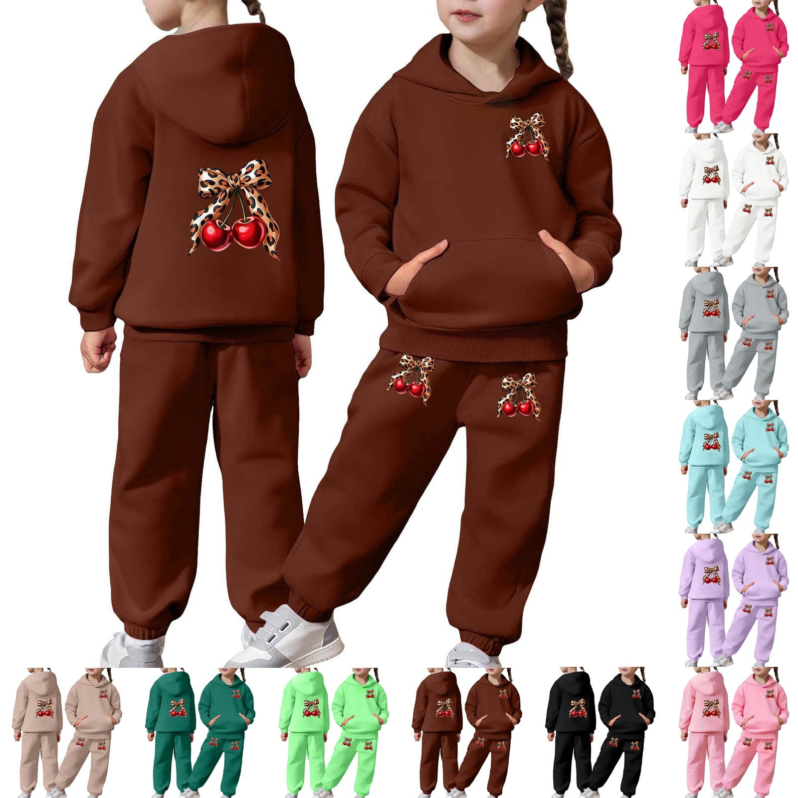Girls 2 Piece Outfits Leopard Bow Cherry Print Sweatsuit Long Sleeved ...
