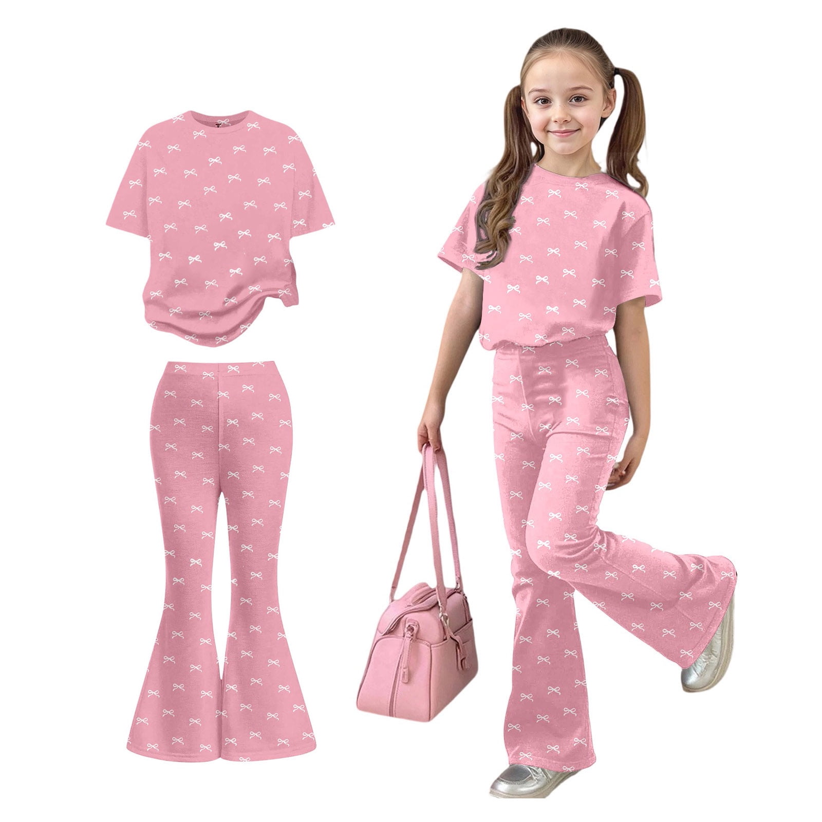 Girls 2 Piece Outfits Short Sleeve Bow T-Shirt Top and Flared Pants Set ...