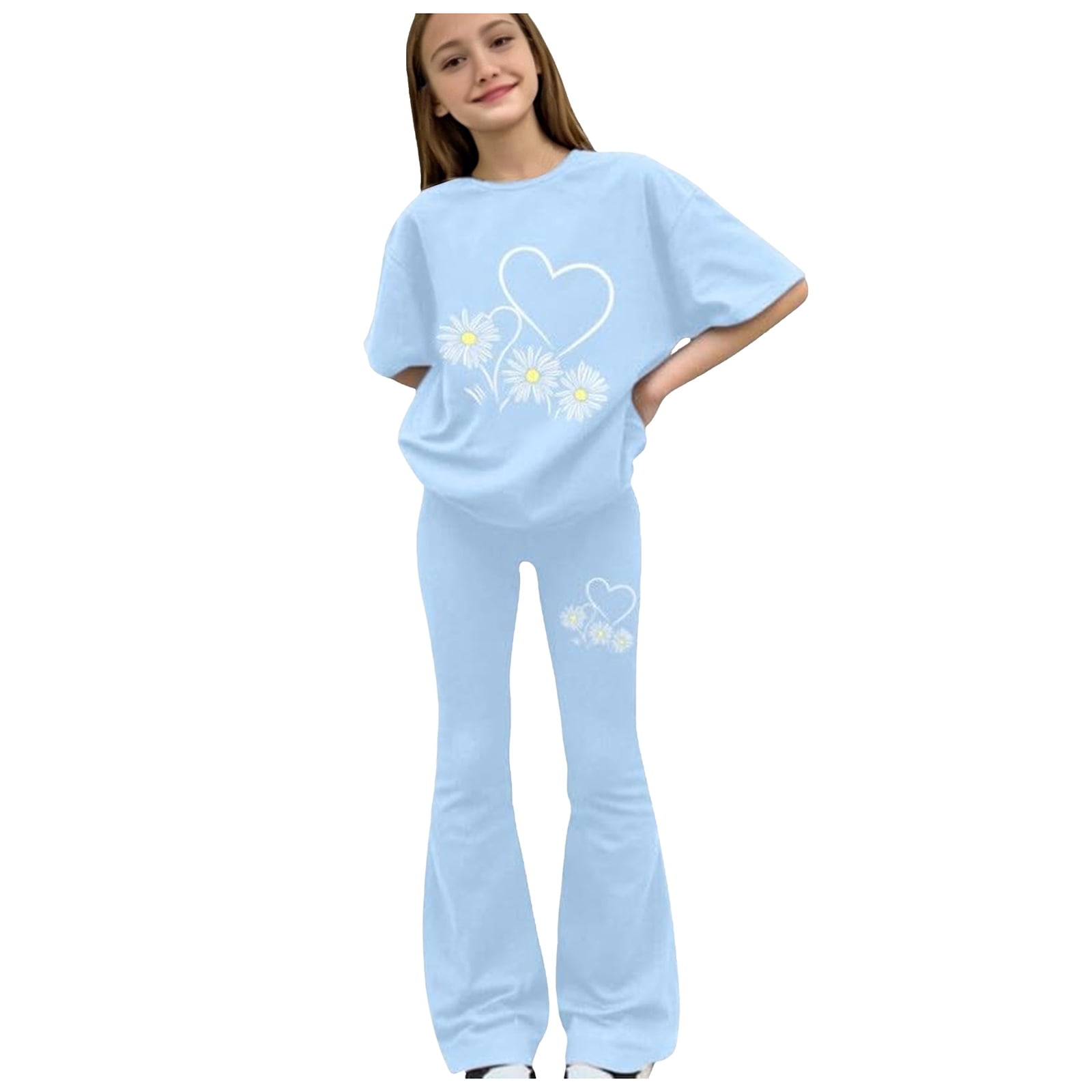 Girls 2 Piece Outfits Short Sleeve Tee Tops Flared Pants Kids Teen ...