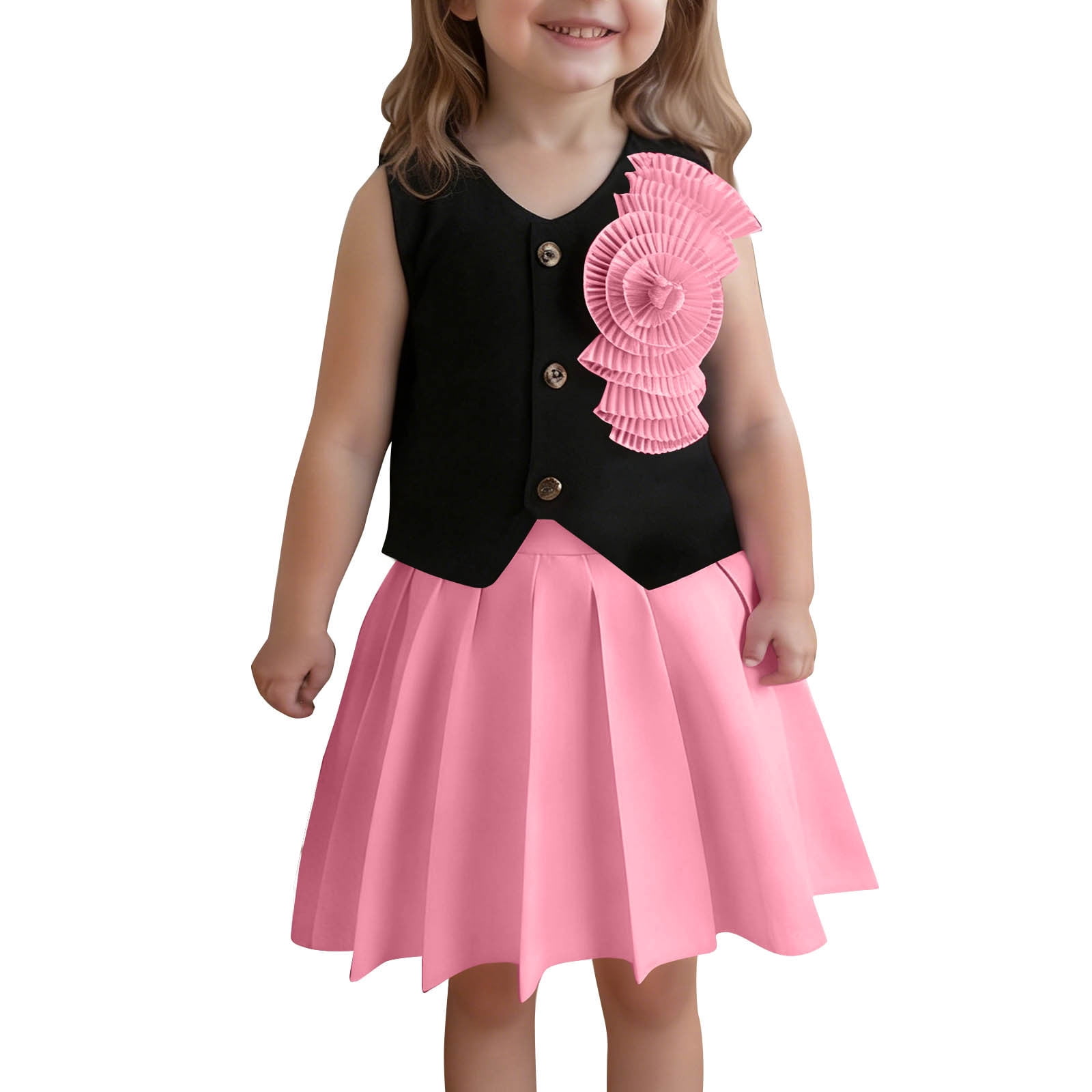 Girls 2 Piece Set, Pink Pleated Skirt & Black Sleeveless Top Outfit ...