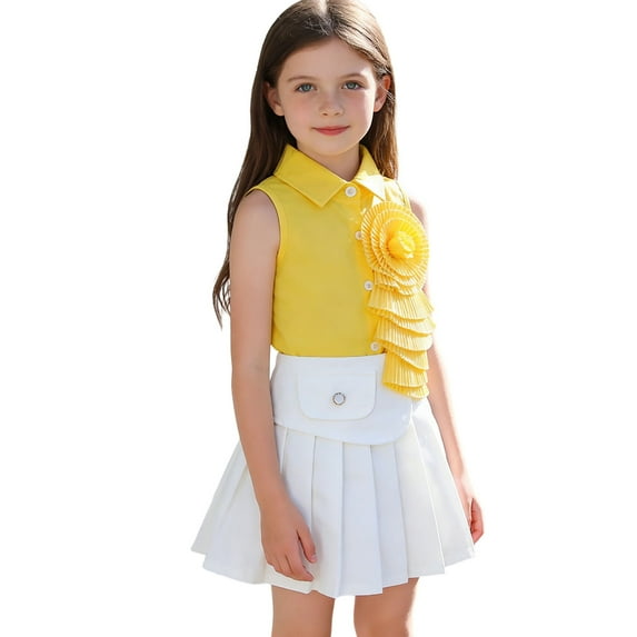 Girls 2 Piece Sets Fashion Turndown Collar Sleeveless Shirt and Pleated ...