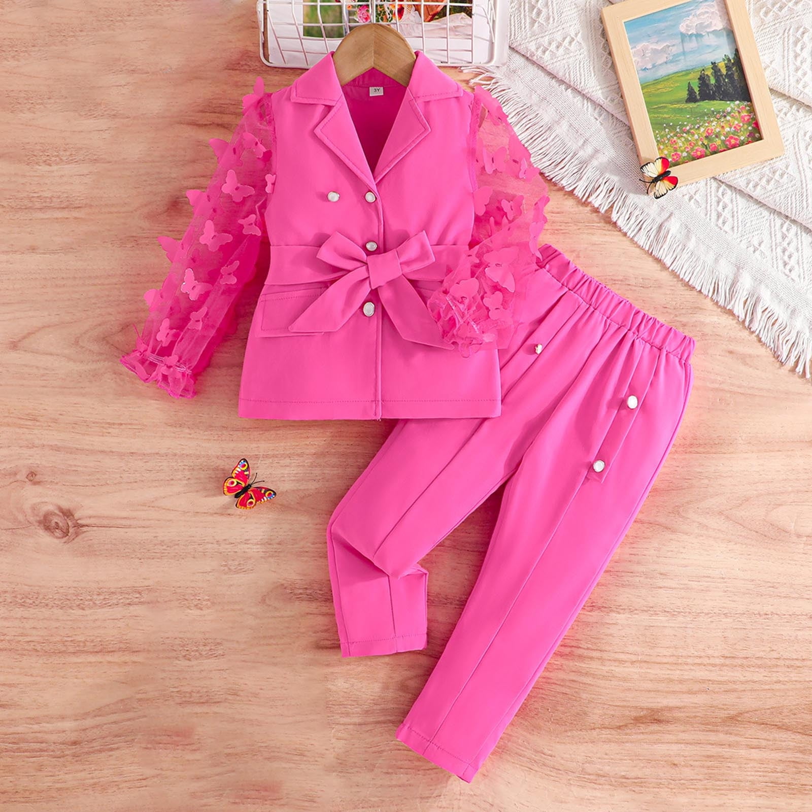 Girls 2 Piece Suit Set Jacket + Pants Kids Outfits Cotton Button Down ...