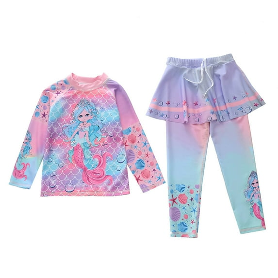 Girls 2-Piece Swimsuit Cute Cartoon Print Sun Bathing Long Sleeve Dress ...