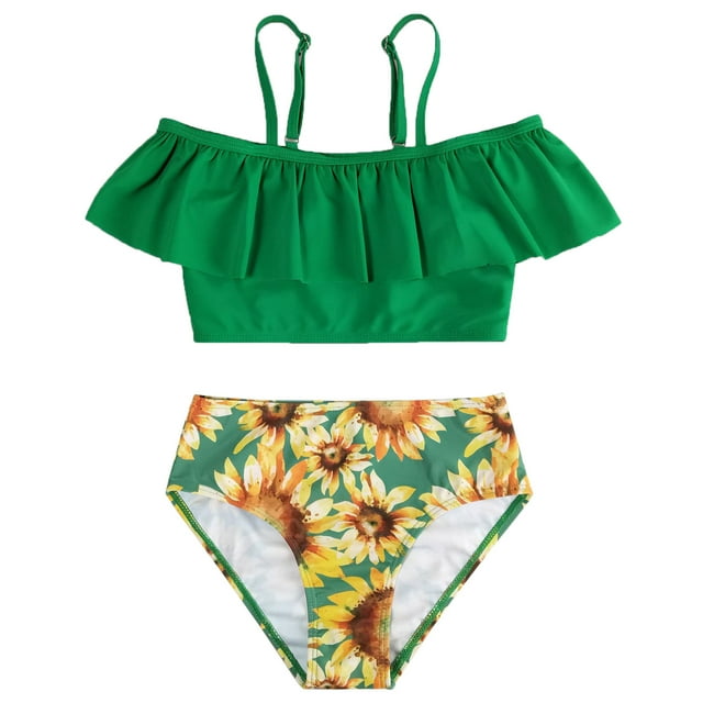 Girls 2-Piece Swimsuit Ruffles Outfits Hollow Bikini Set Sunflower ...