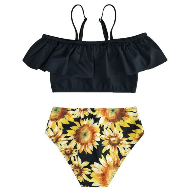 Girls 2-Piece Swimsuit Ruffles Outfits Hollow Bikini Set Sunflower ...