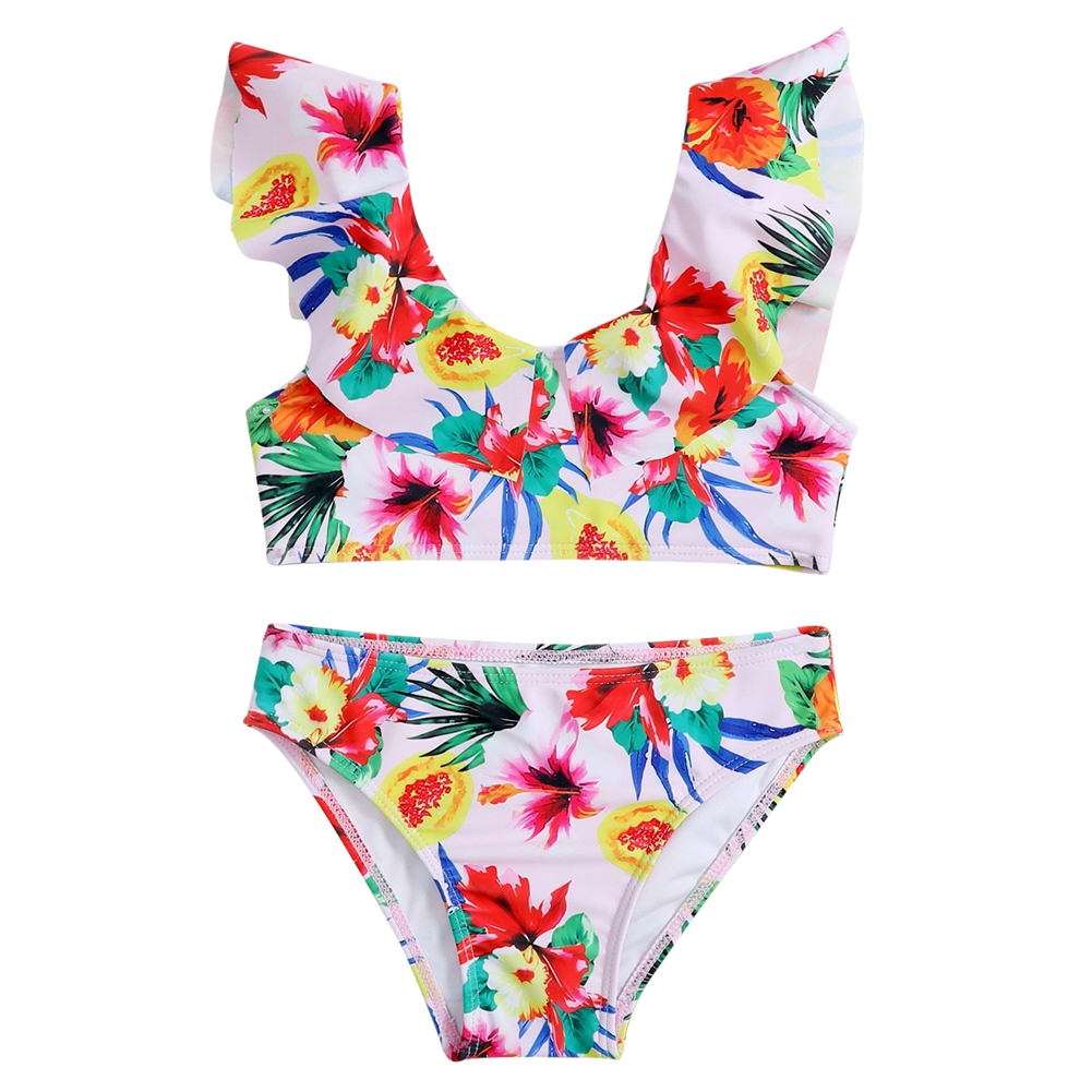 Girls 2 Piece Swimsuits Floral Print Spaghetti Strap Cute Bikini Set