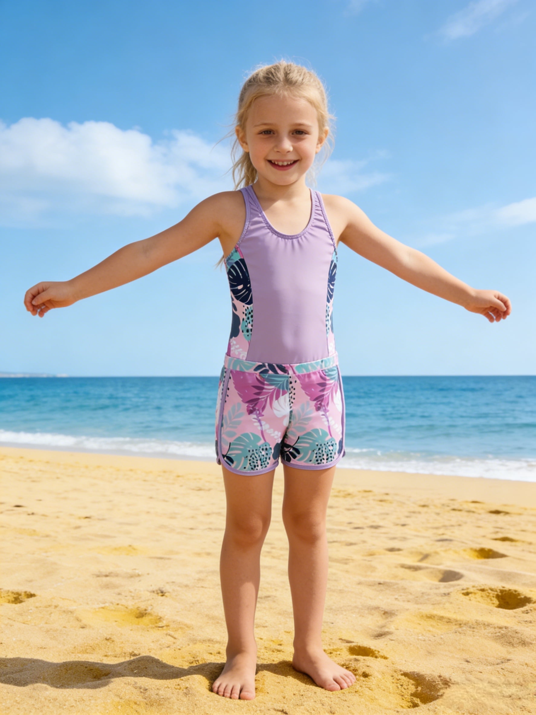Girls' 2-Piece Tropical Print Swimsuit Set - Purple & Pink - Walmart.com