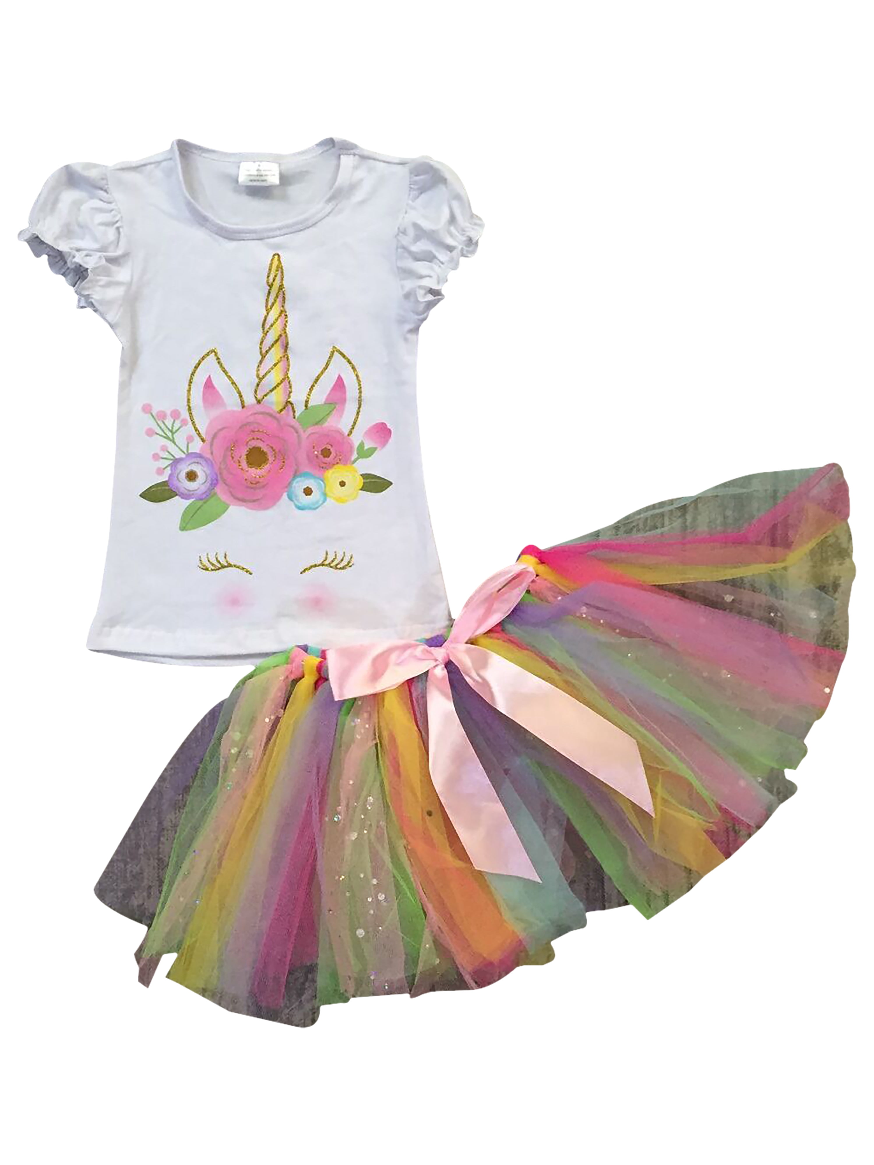 Girls 2 Pieces Skirt Set Unicorn Floral Top Colorful Tutu Skirt ...