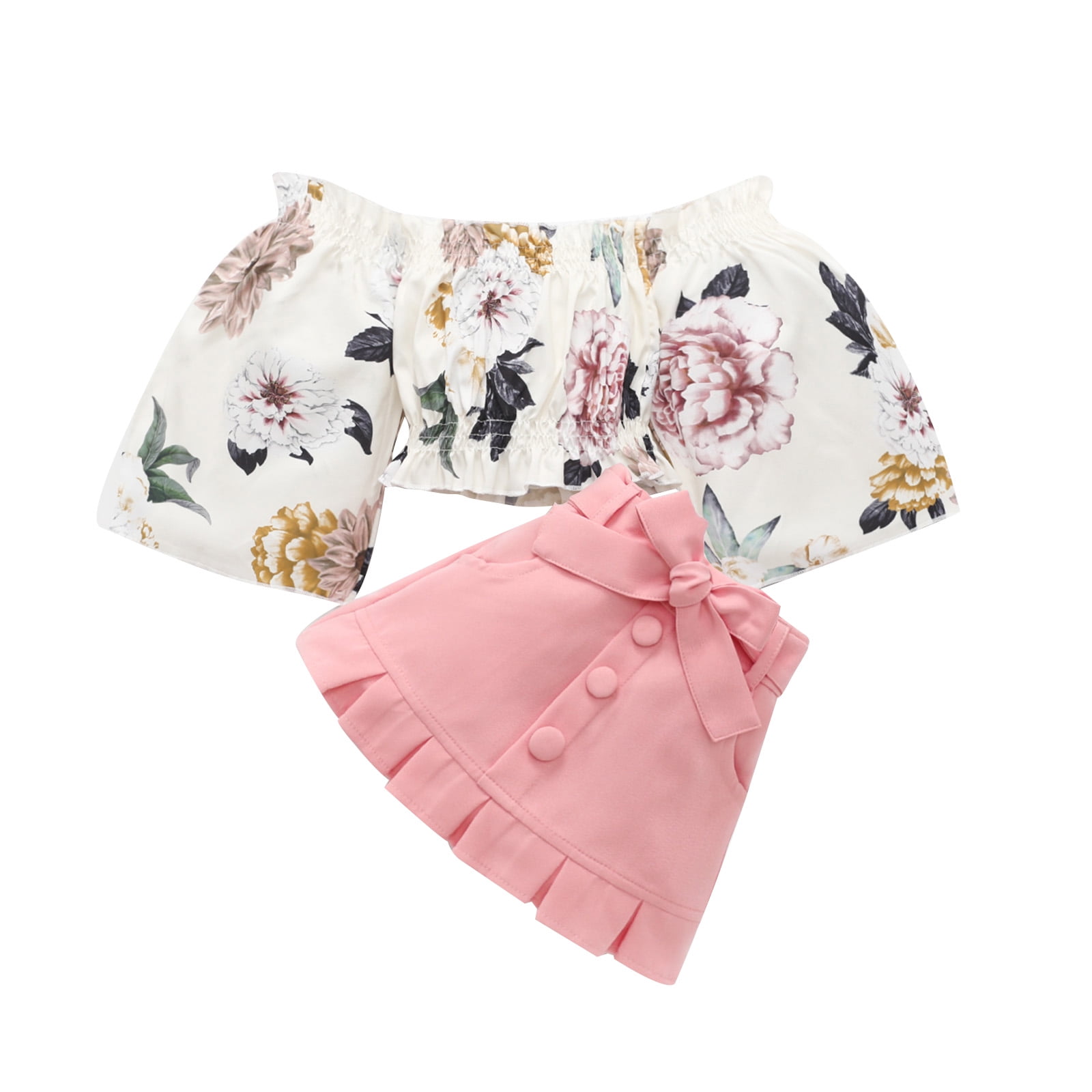 Girls 2 Pieces Summer Skirt Set, Floral Print Boat Neck Long Sleeve ...