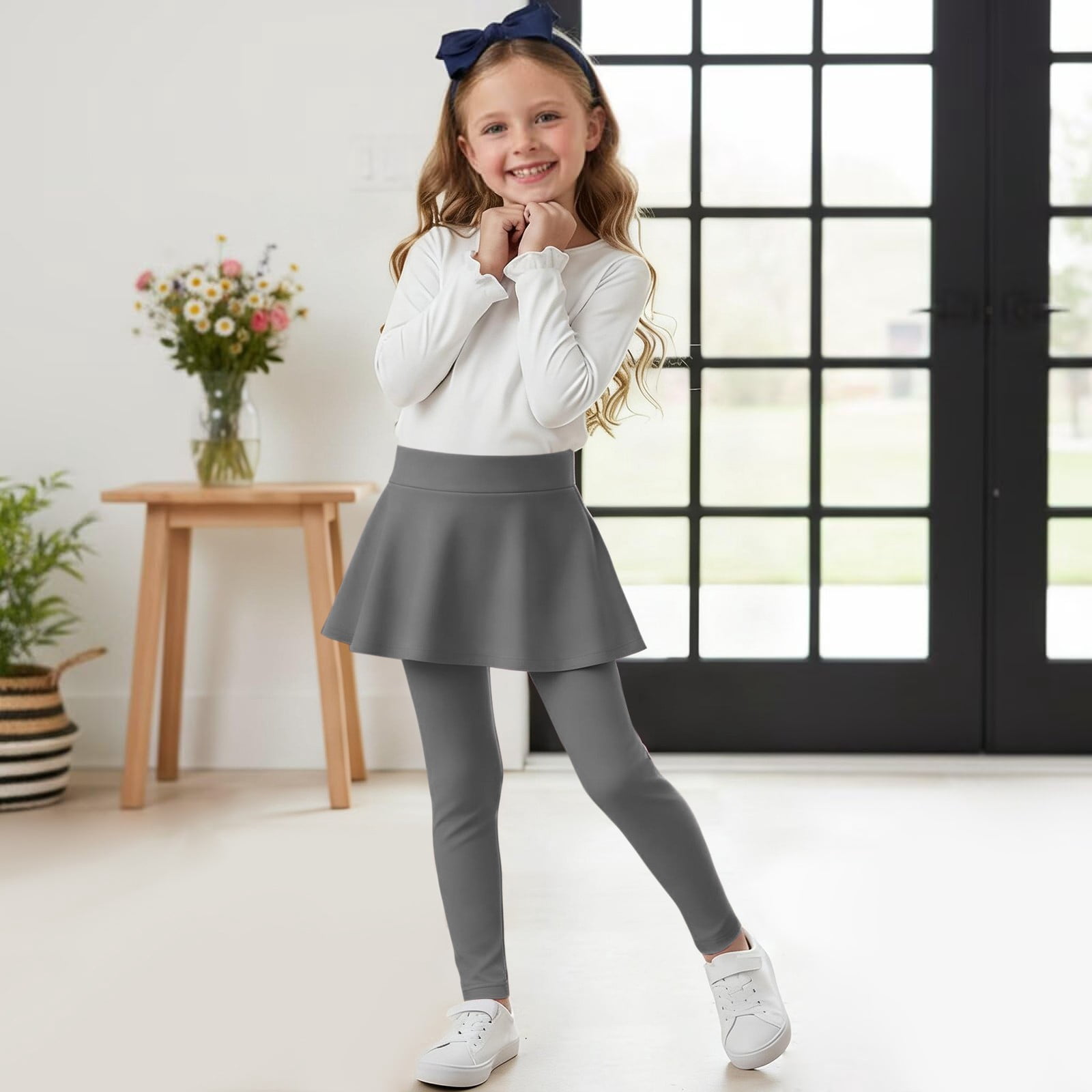 Girls 2-in-1 Skirted Leggings, Elastic Waist Solid Color Skirt Pants ...