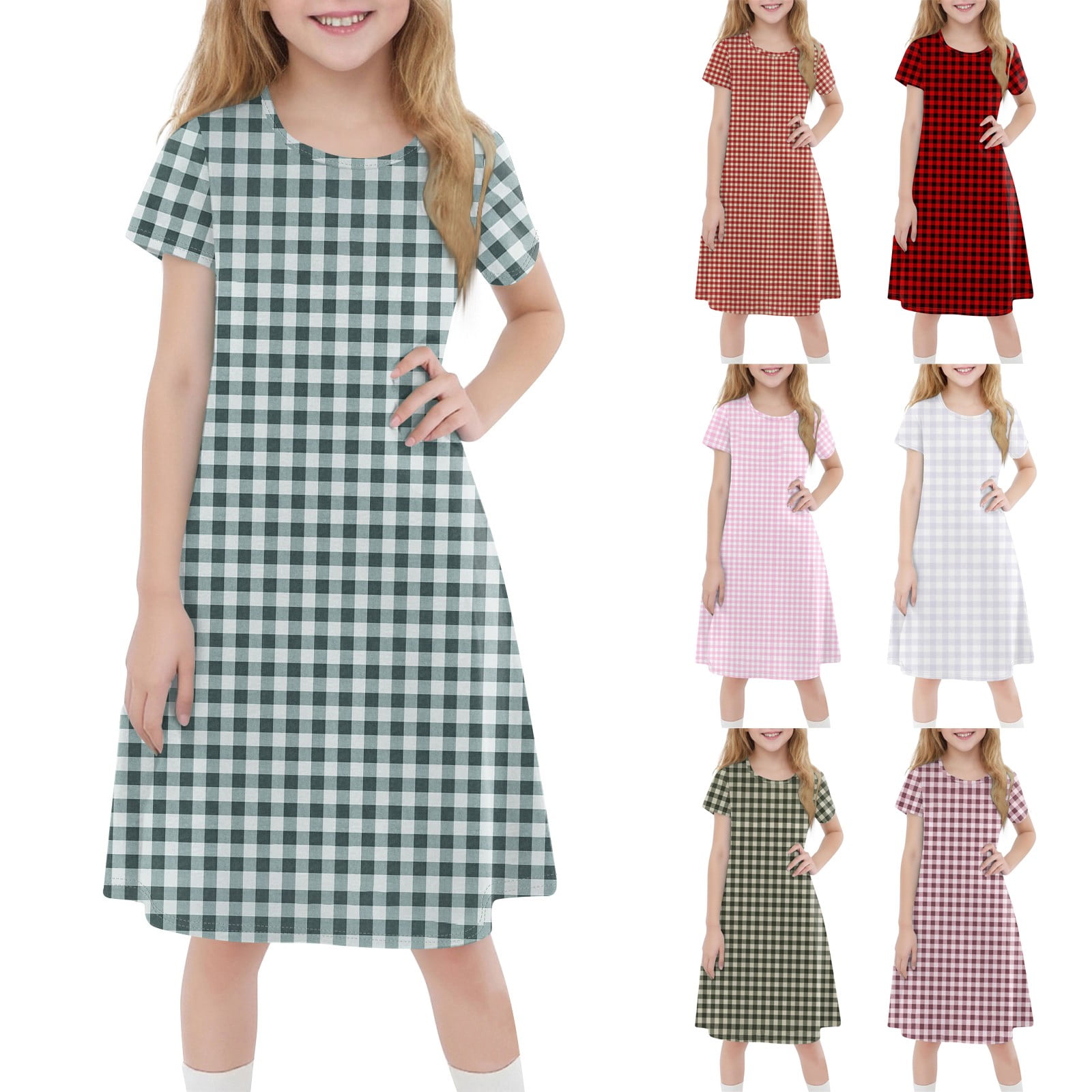 Girls 2025 Summer Dresses Classic Checkered A-Line Dress Soft Short ...